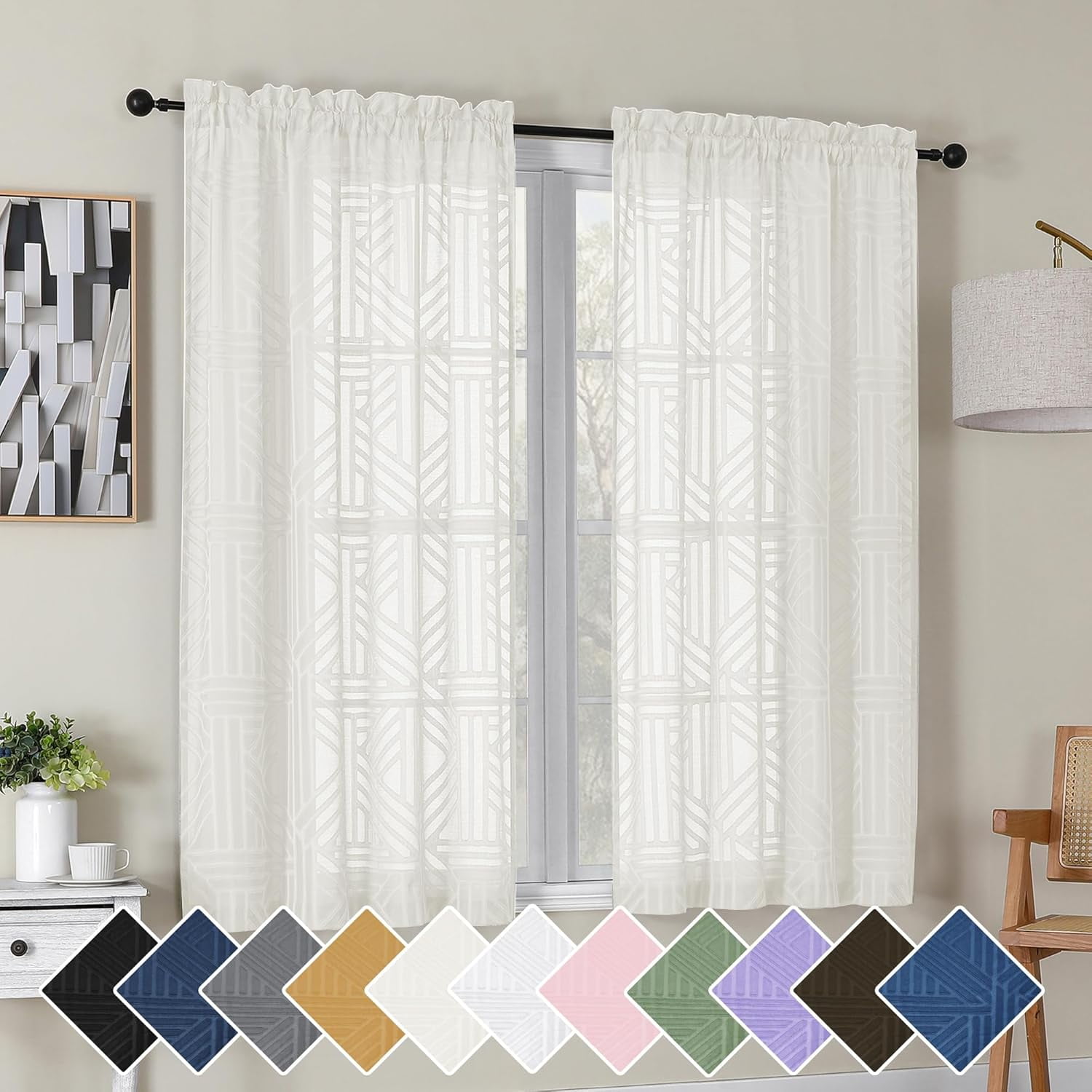 SZCOAO-Ivory Semi Sheer Curtains 45 Inch Length 2 Panels, Geometric ...