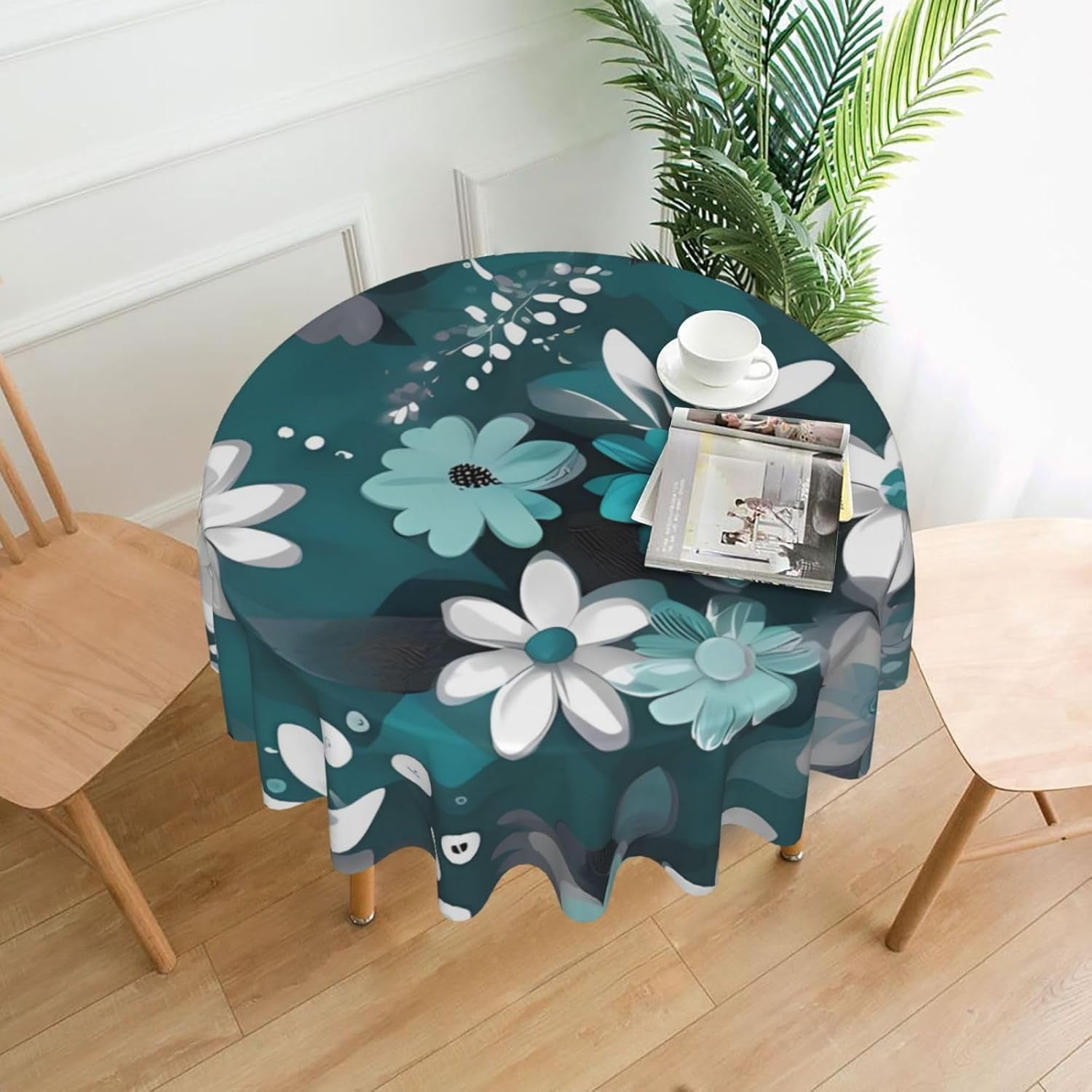 SZH Teal Grey and White Floral Round Tablecloth Stain and Wrinkle ...
