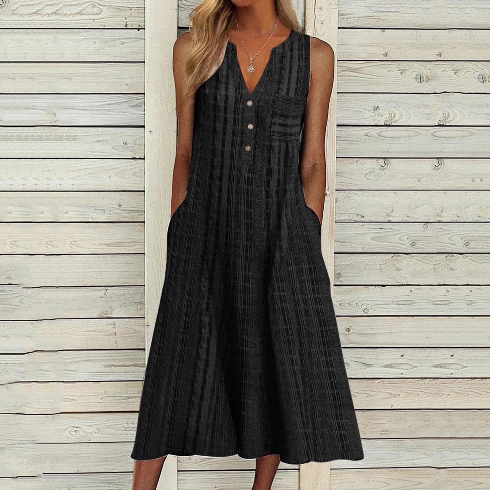SZJXBUY 2024 Dresses Women Summer Casual Button Flowy Sleeveless V-Neck ...