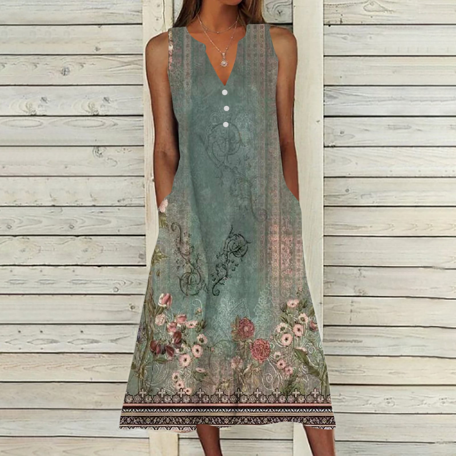 SZJXBUY Womens Summer Dresses 2024 Vintage Sleeveless V Neck Floral ...