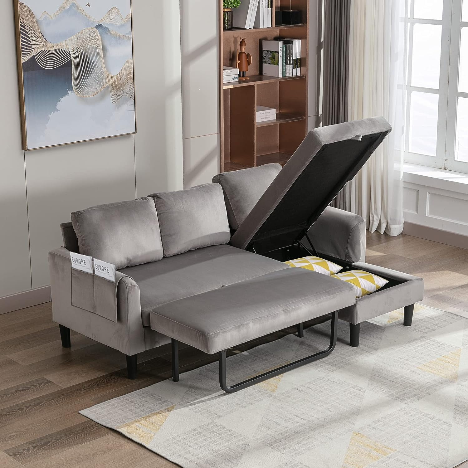 "SZLIZCCC 72"" L-Shaped Sectional Sleeper Sofa with Storage Chaise and ...