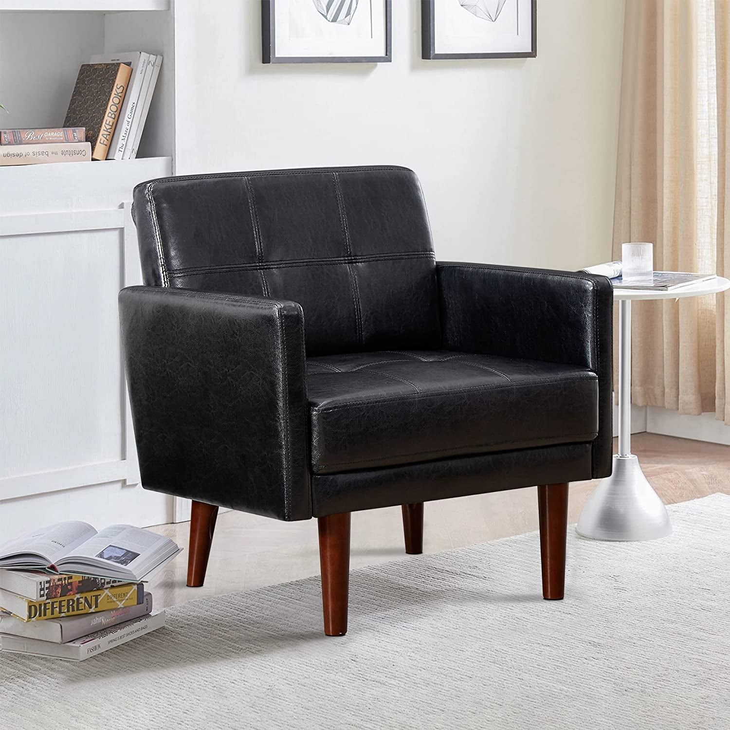 SZLIZCCC Leather Accent Chair, Mid Century Modern PU Leather High Back ...