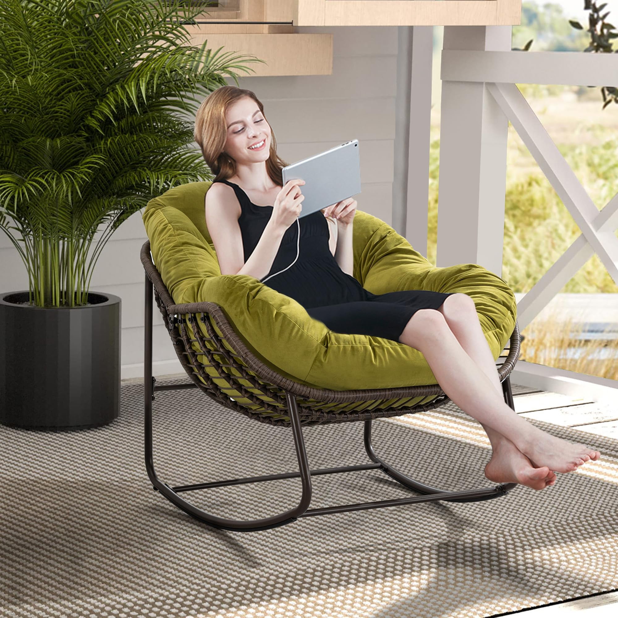 SZLIZCCC Modern Rattan Rocking Chair Indoor, Patio Padded Cushion ...