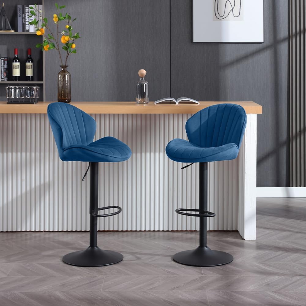 SZLIZCCC Shell Barstools Set of 2, Black Chassis Adjustable Swivel Bar Stool, Velvet Mid Back ...