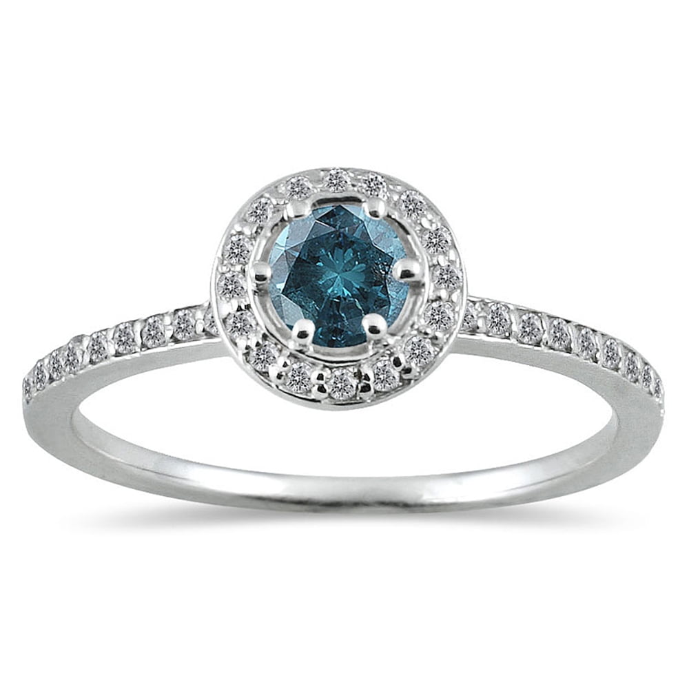 SZUL Women's 1/2 Carat Blue and White Diamond Ring in 14K White Gold ...