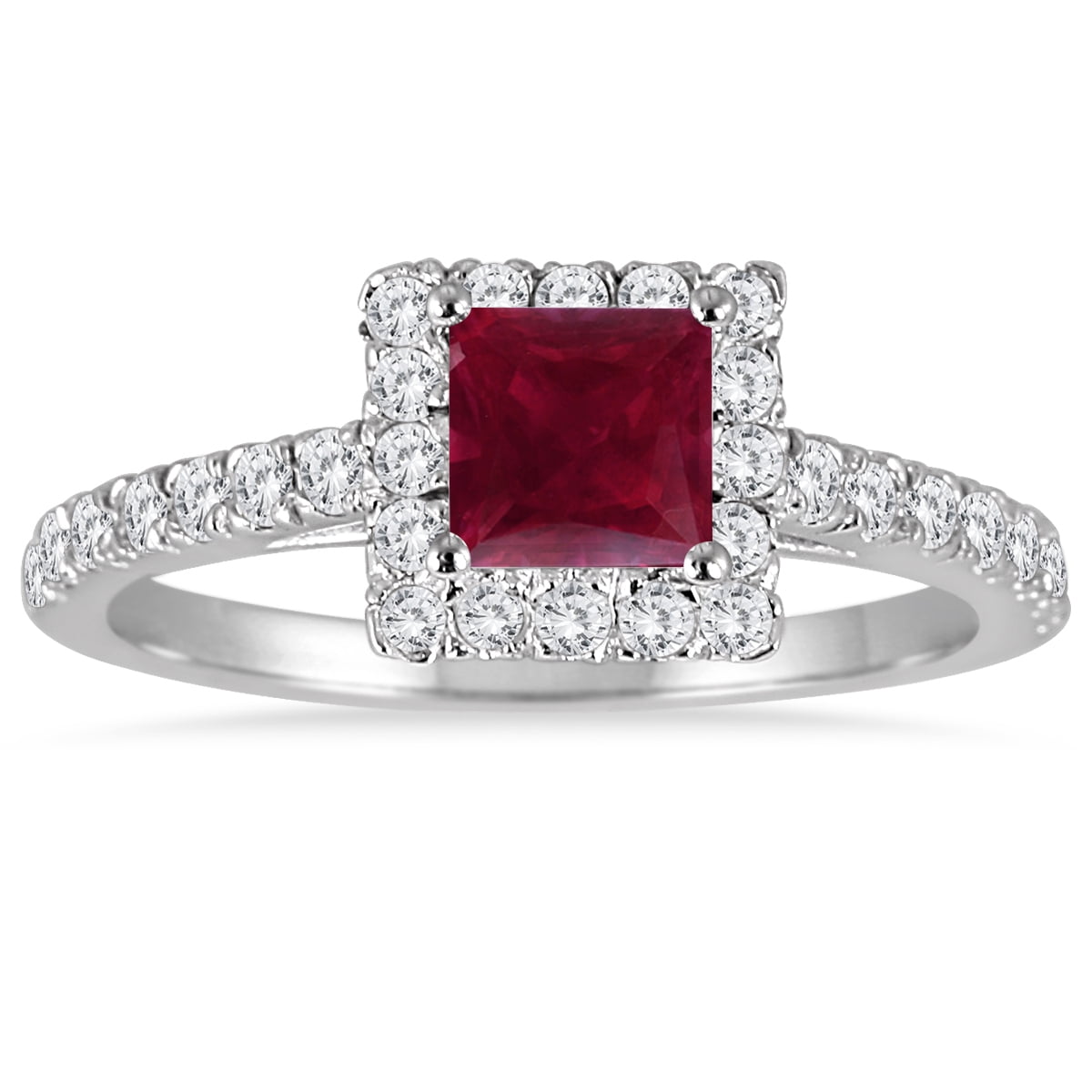 SZUL Women's 1 Carat TW Princess Cut Ruby and Diamond Halo Engagement ...