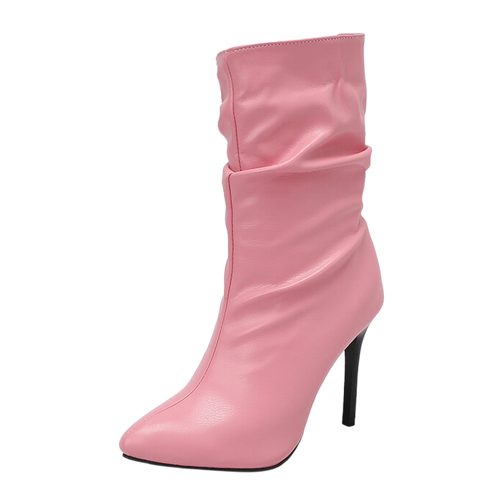 Szxzygs Boots For Women Ladies Solid Color Glossy Pleated Design Sleeve High Heel Fine Heel Mid