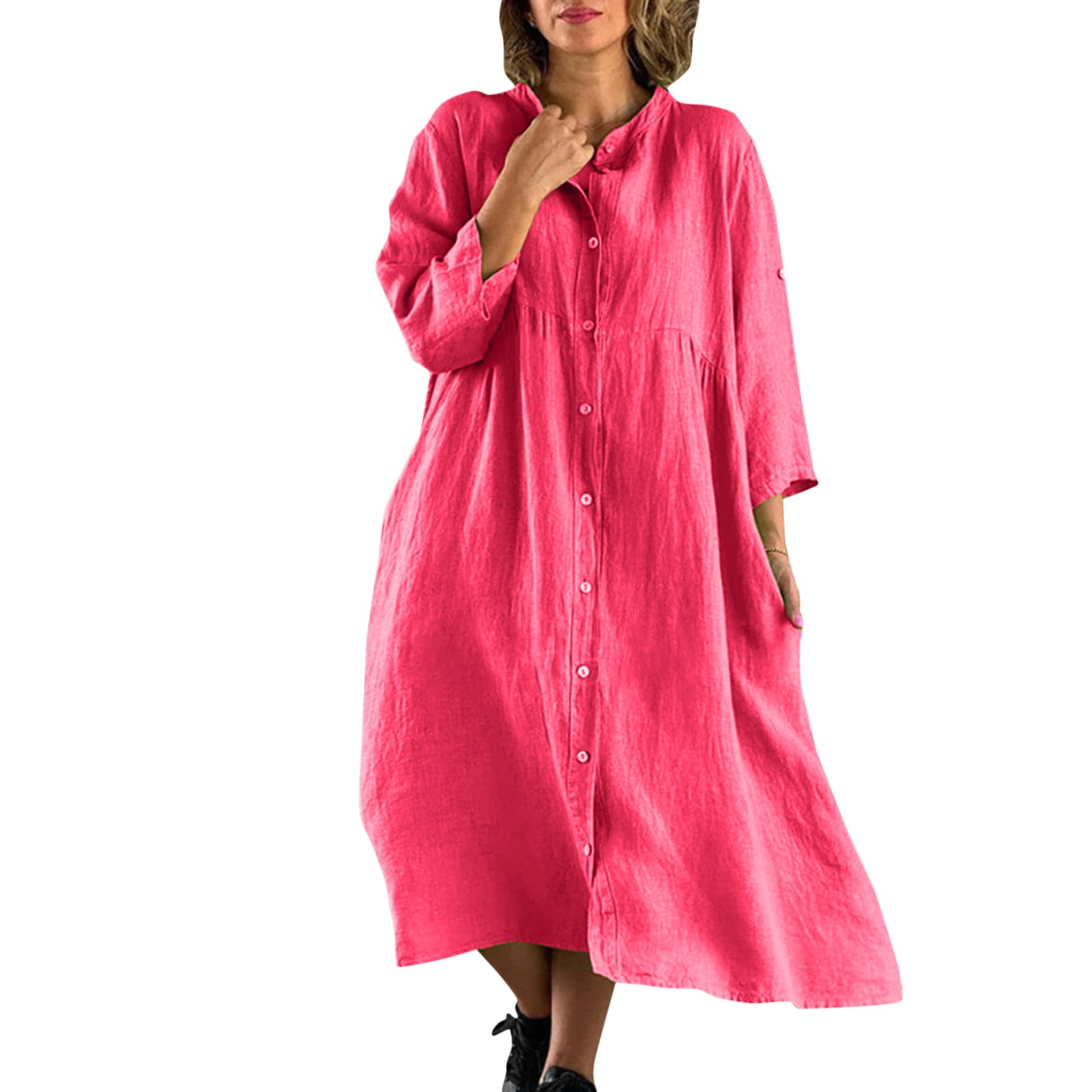 Szxzygs Sun Dresses Long Floral Women Fashion Casual Summer Linen Shirt Dress Women 34 Sleeve