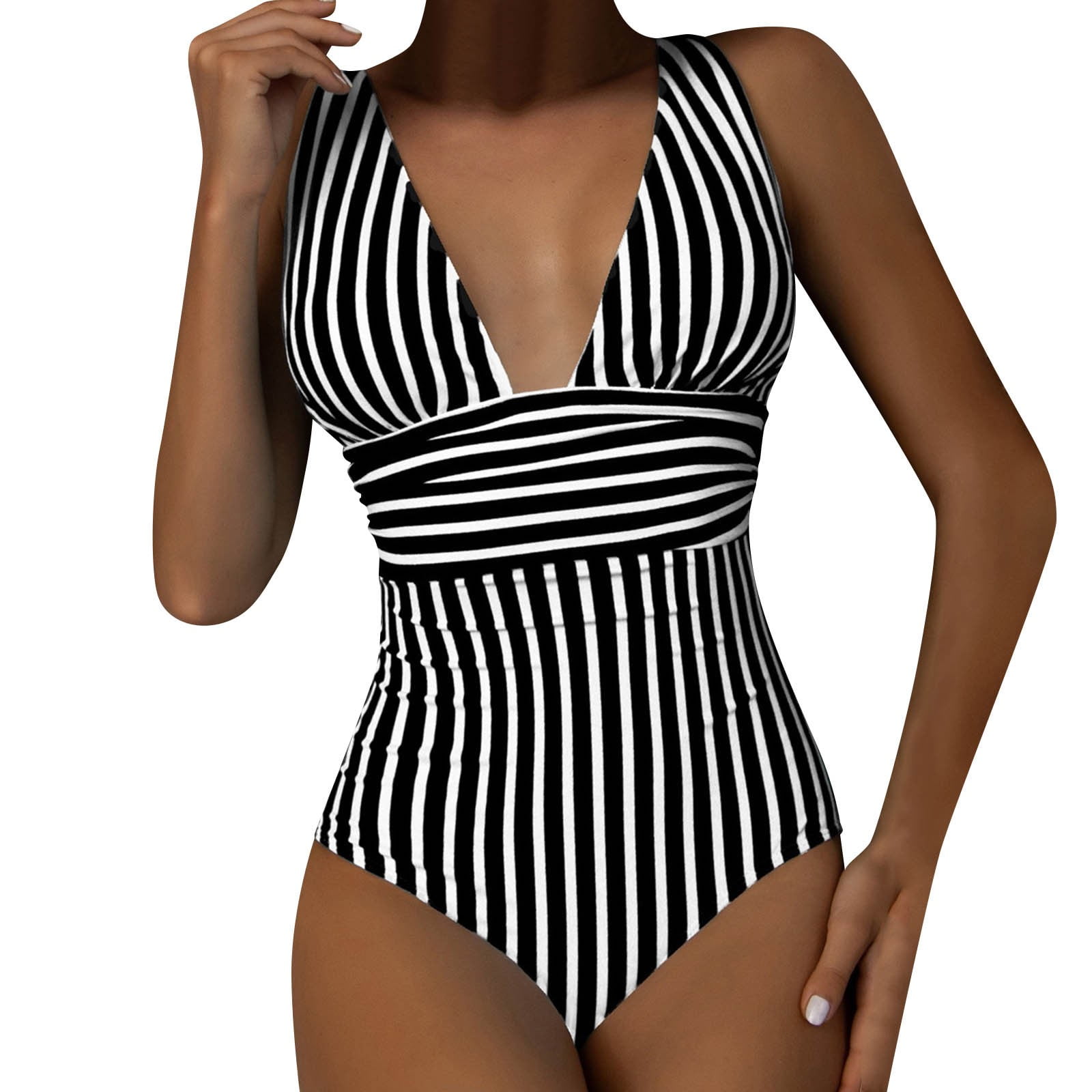 SZXZYGS Swimsuit for Women 2024 High Waisted Women Stripe Swimwear Front Over Swimsuits Hollow ...