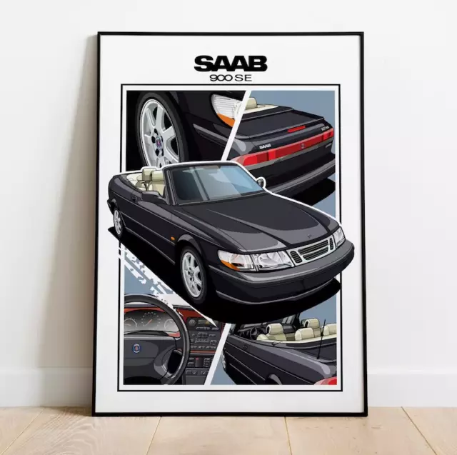Saab 900 Se Poster Saab Car Wall Poster Black Classic Vintage Saab ...