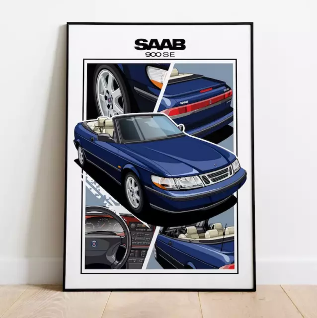 Saab 900 Se Poster Saab Car Wall Poster Blue Classic Vintage Saab ...