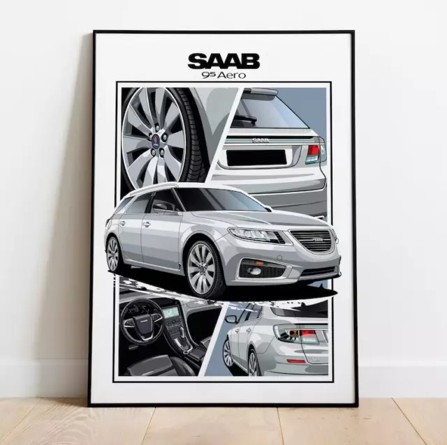 Saab 95 Aero Wagon Silver Poster Wall Poster Saab Poster Wall Art Kids ...