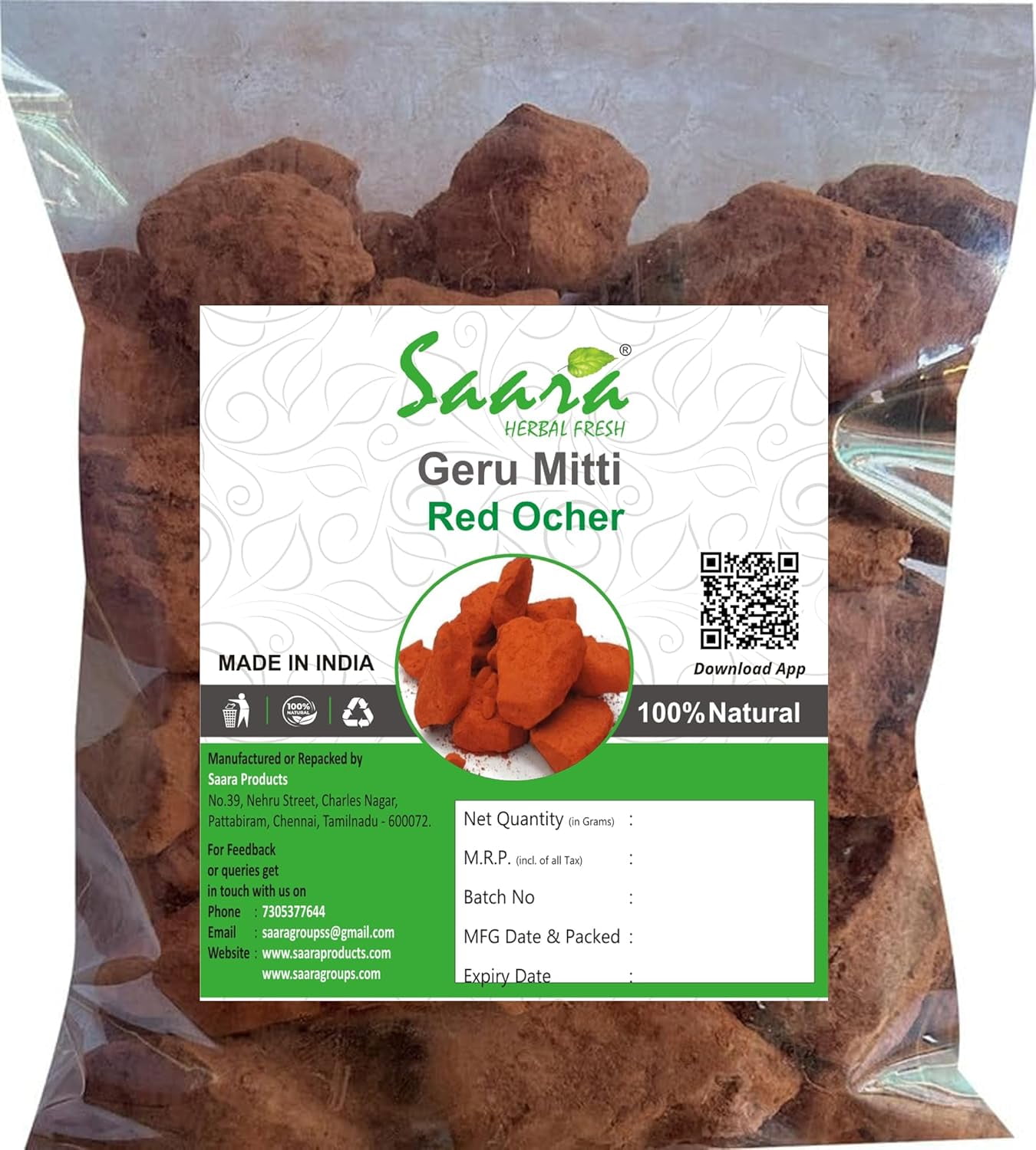 Saara HERBAL FRESH Geru Mitti Whole 600g Red Ocher Kaavikkal Stone for ...