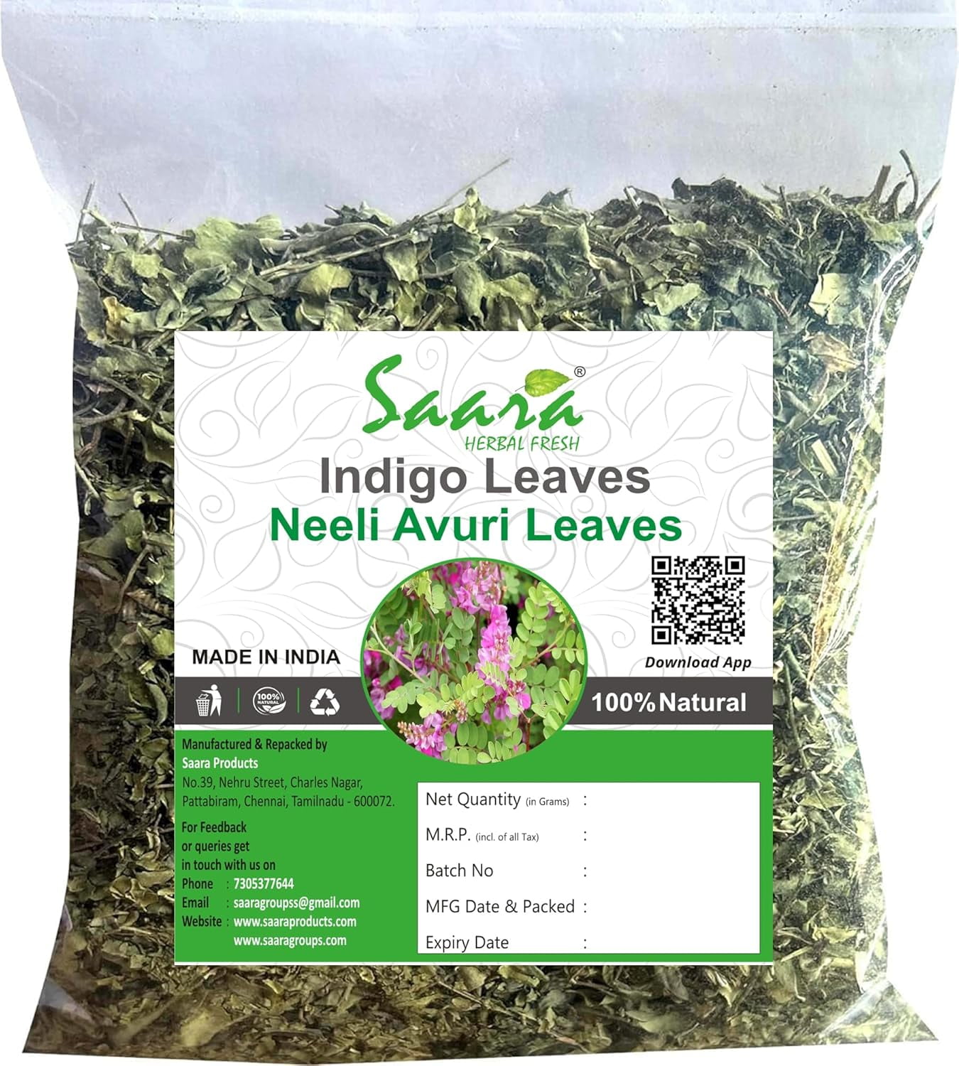 Saara HERBAL FRESH Indigo Leaves 800g Smooth Shiny Hair Neeli Avuri ...