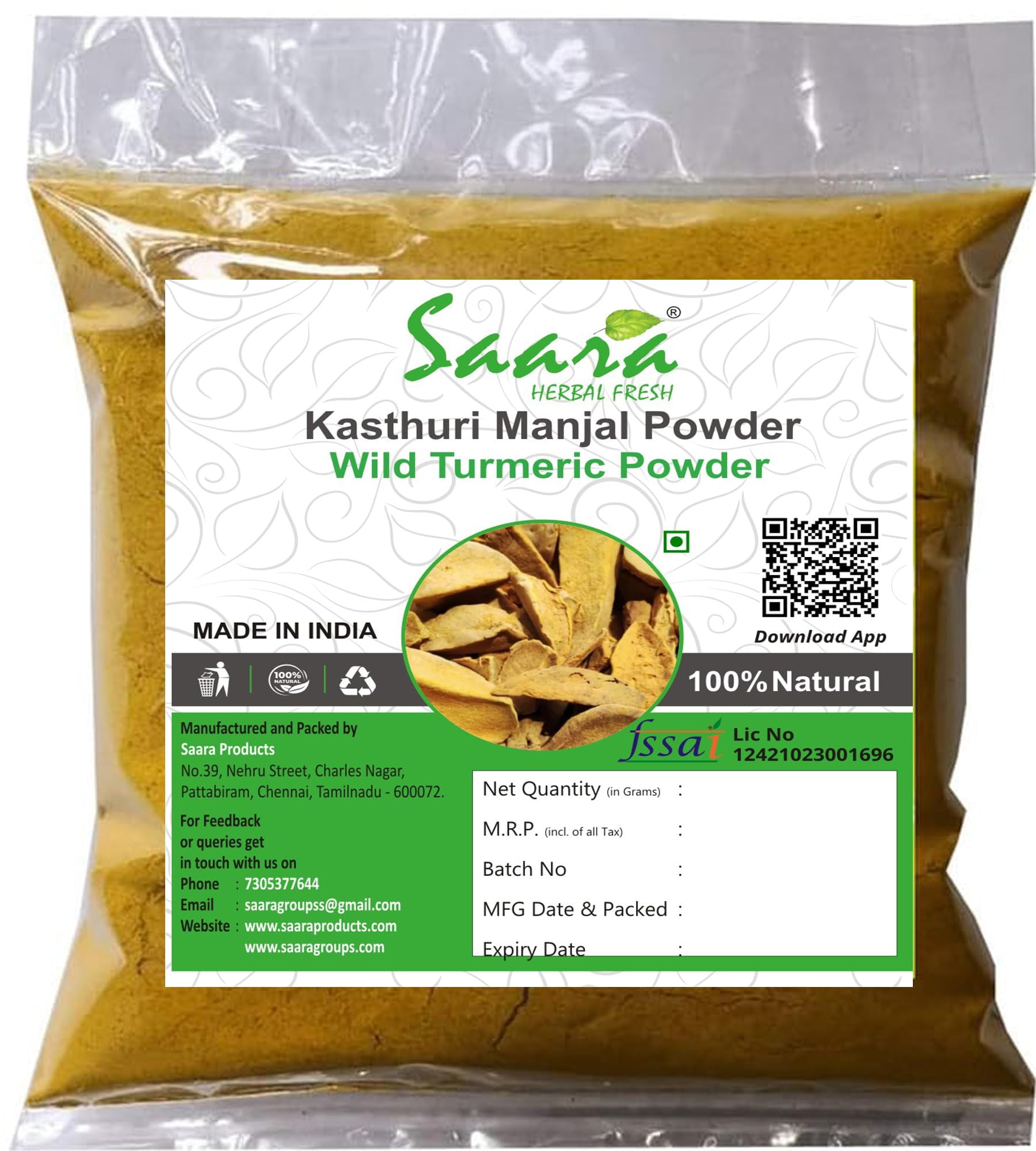 Saara HERBAL FRESH Kasturi Manjal Powder, 100g Wild Turmeric Root ...