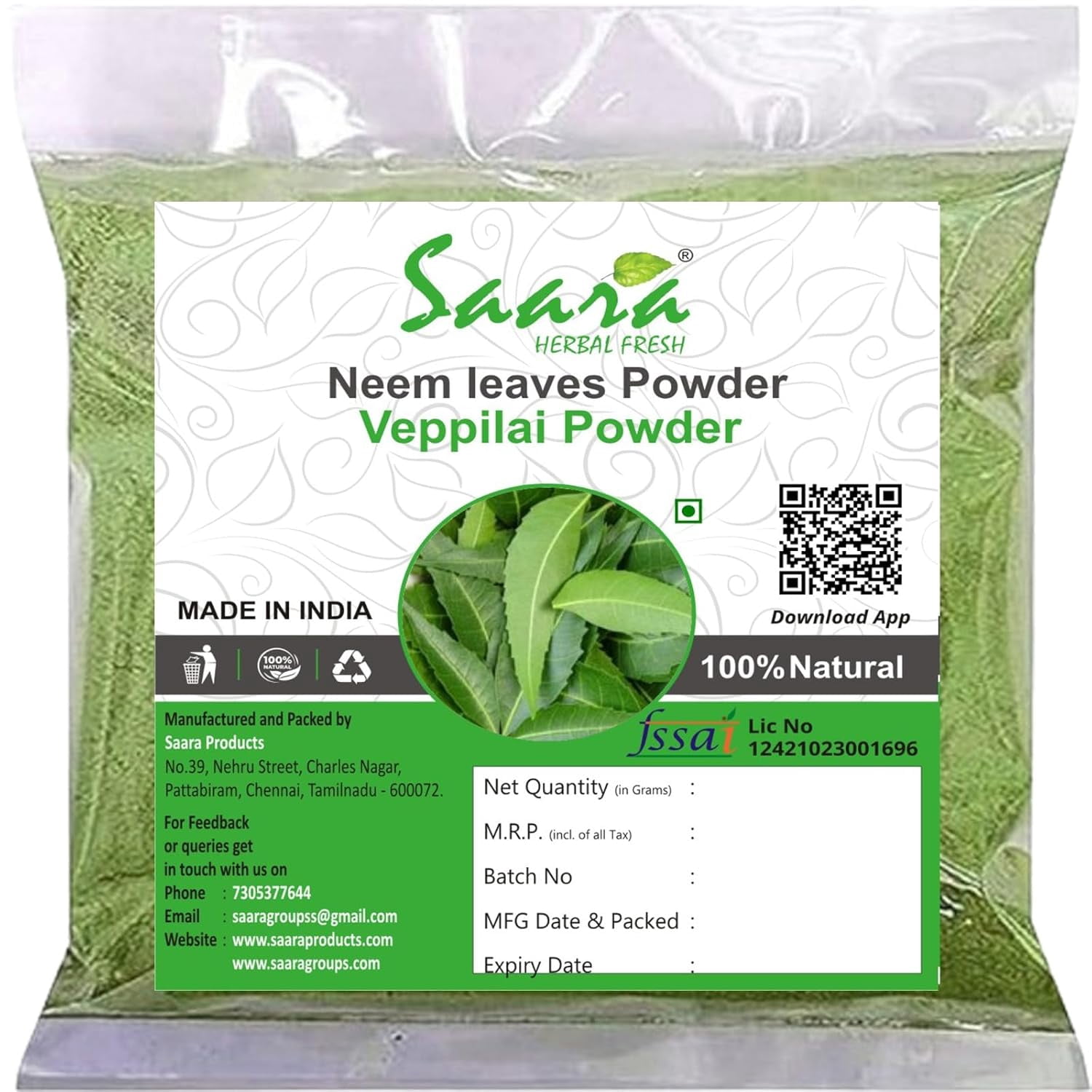 Saara HERBAL FRESH Neem Leaves Powder100 g Nim ka poder Neem ke Patte ...