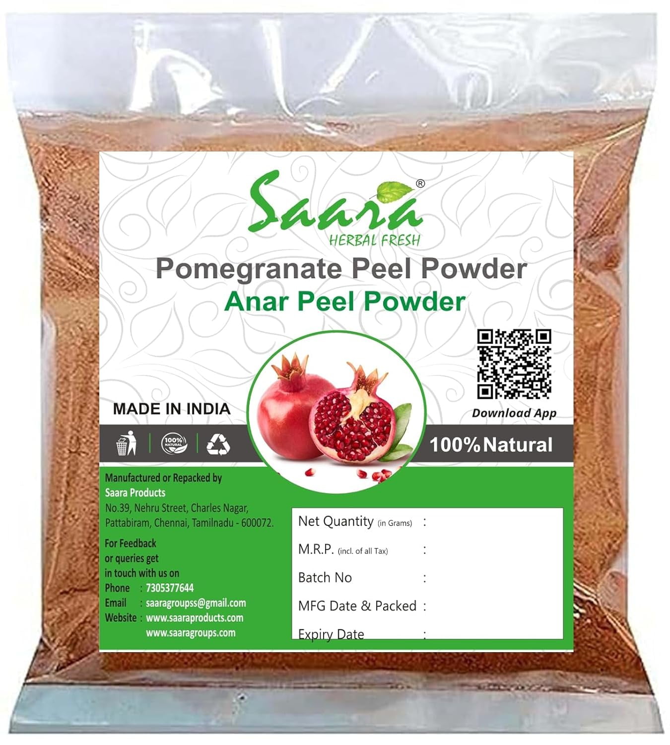 Saara HERBAL FRESH Pomegranate Peel Powder 400g Madhulai Anardana Powder For Face Skin Hair Anar ...