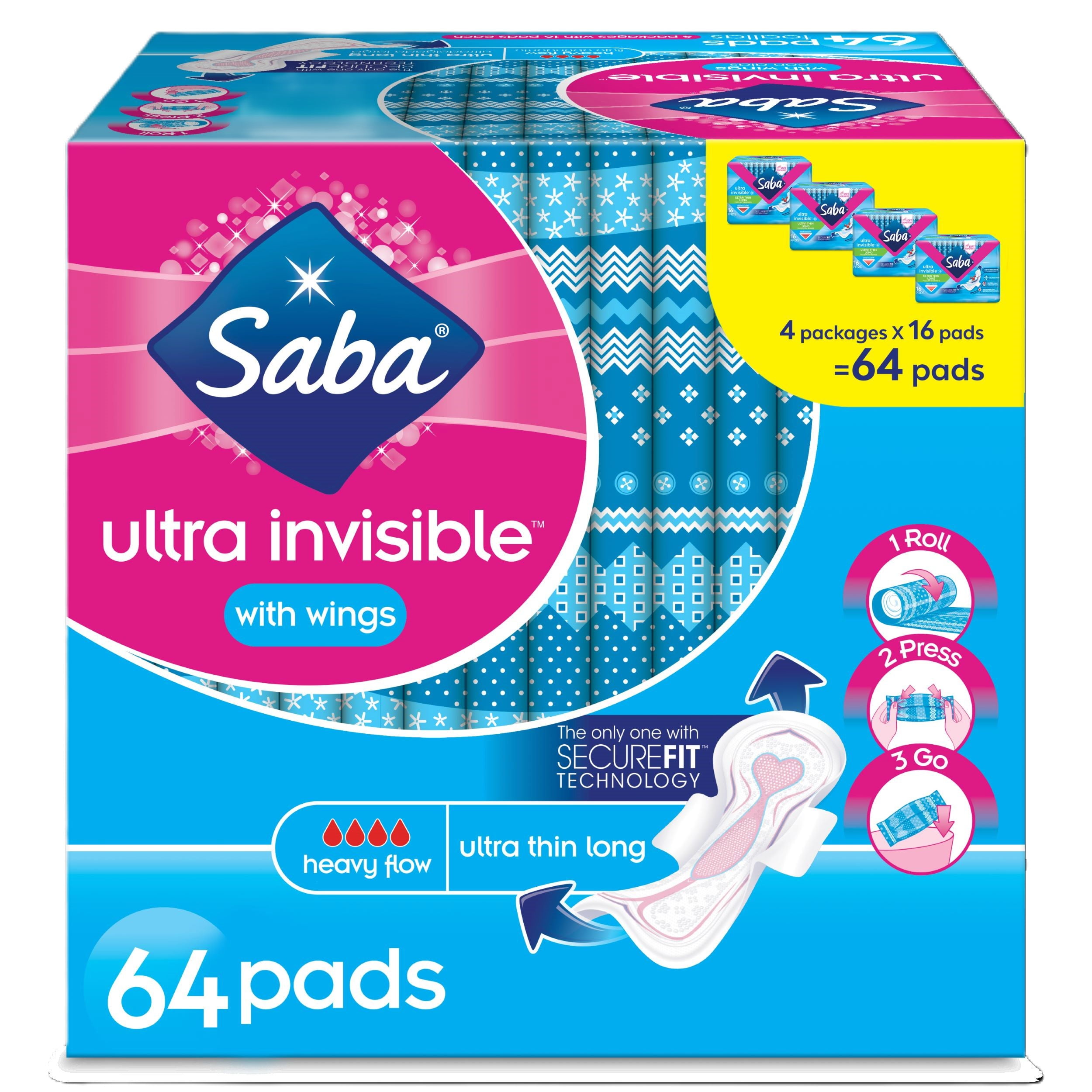 Saba Ultra Invisible Ultra Thin Long Pads, Heavy Flow, Unscented, 64 ...