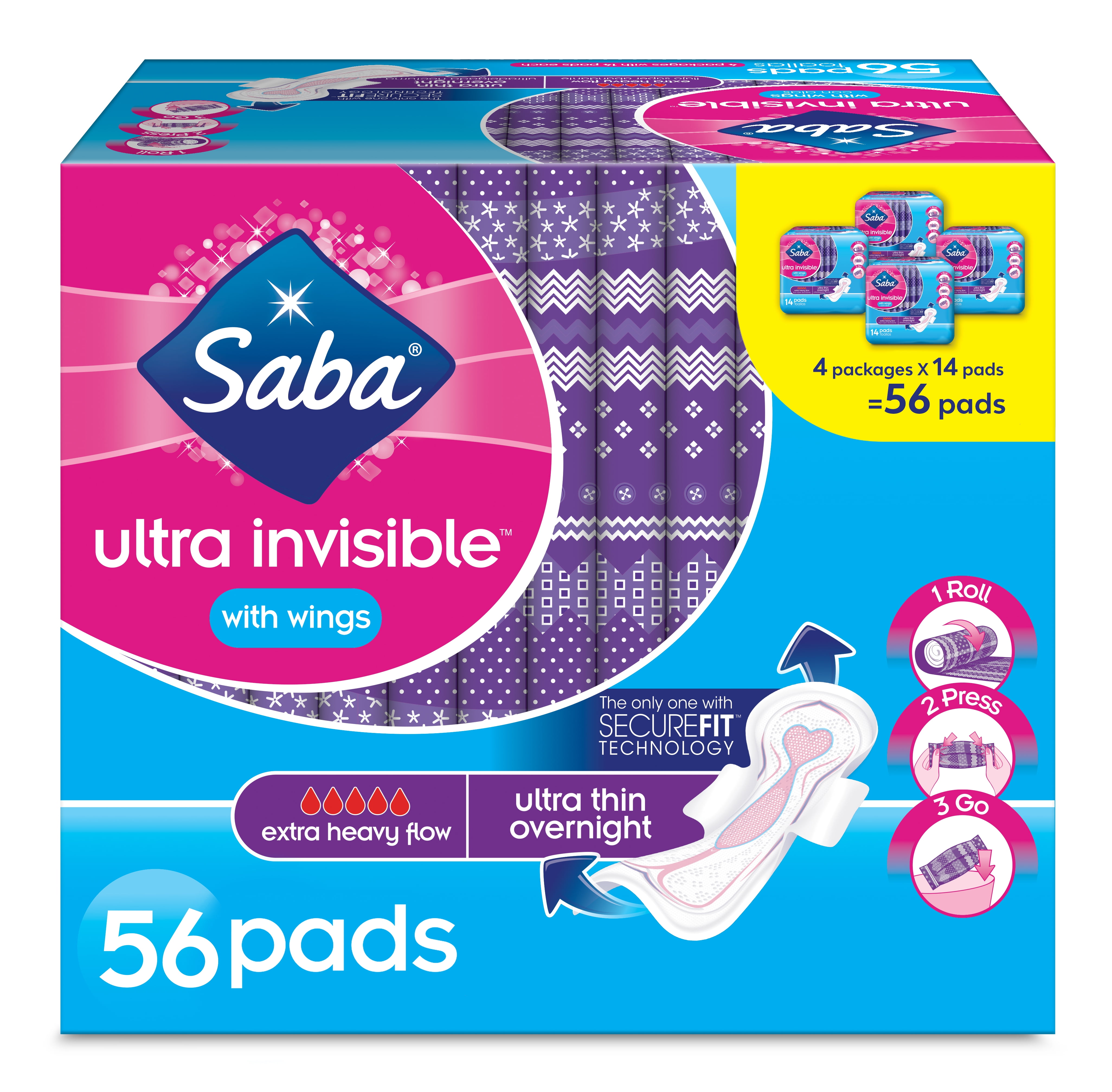 Saba Ultra Invisible Ultra Thin Overnight Pads with Wings, 56 ct ...