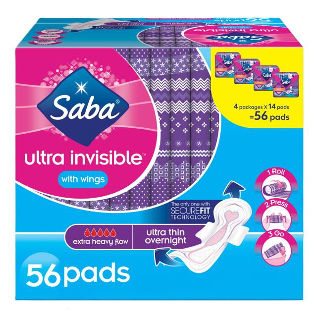 Saba Ultra Invisible Ultra Thin Overnight Pads with Wings, 56 ct ...
