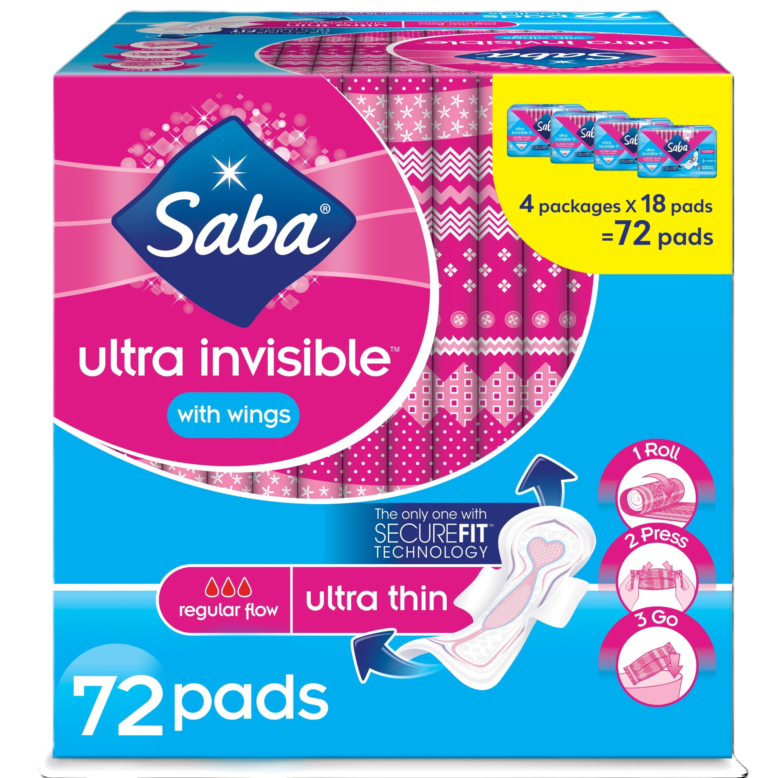 Saba Ultra Thin Regular Flow Pads, SecureFit Wings, 72 Count, Feminine ...