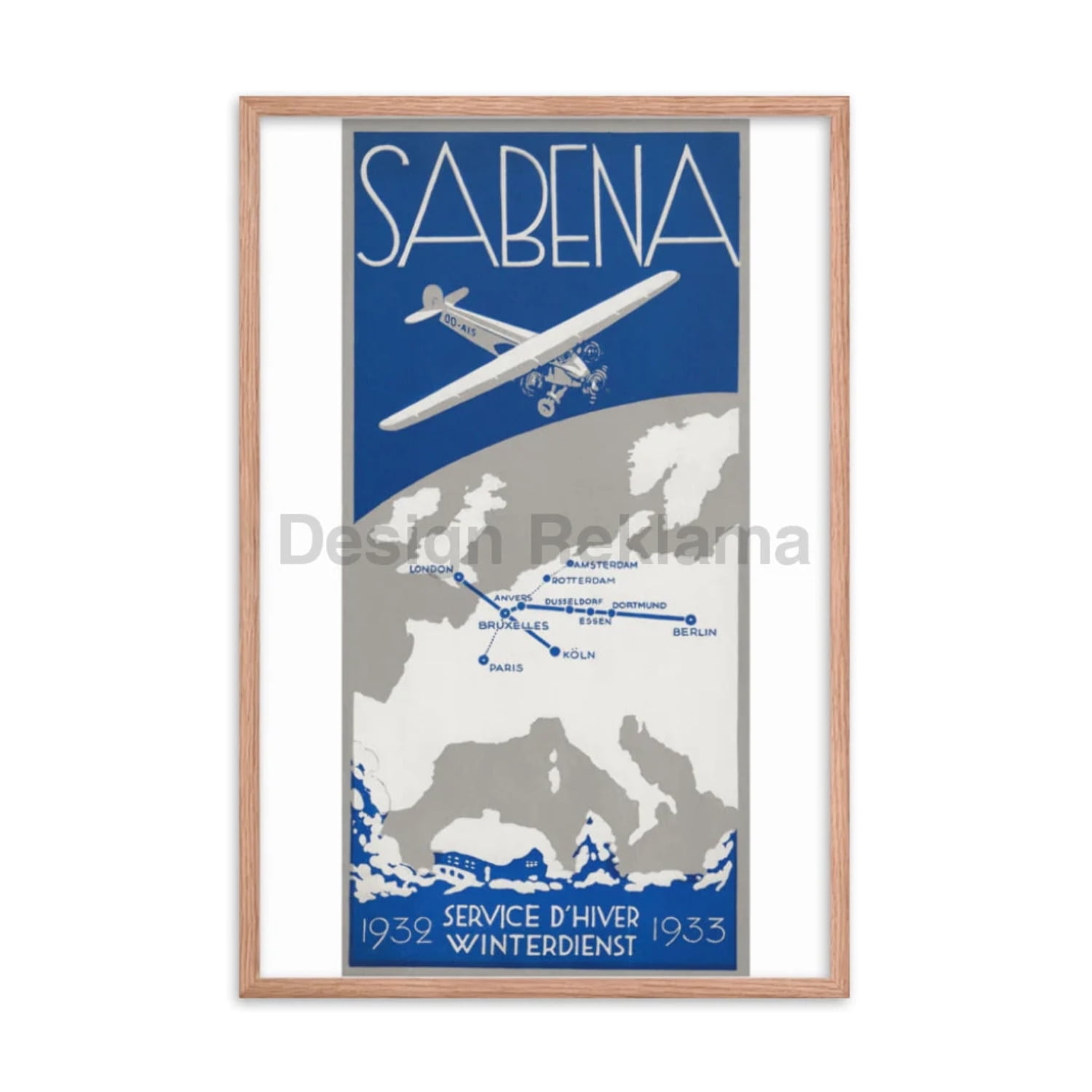 Sabena Airlines Belgium, Winter Service 1932-33, Framed Vintage Travel ...