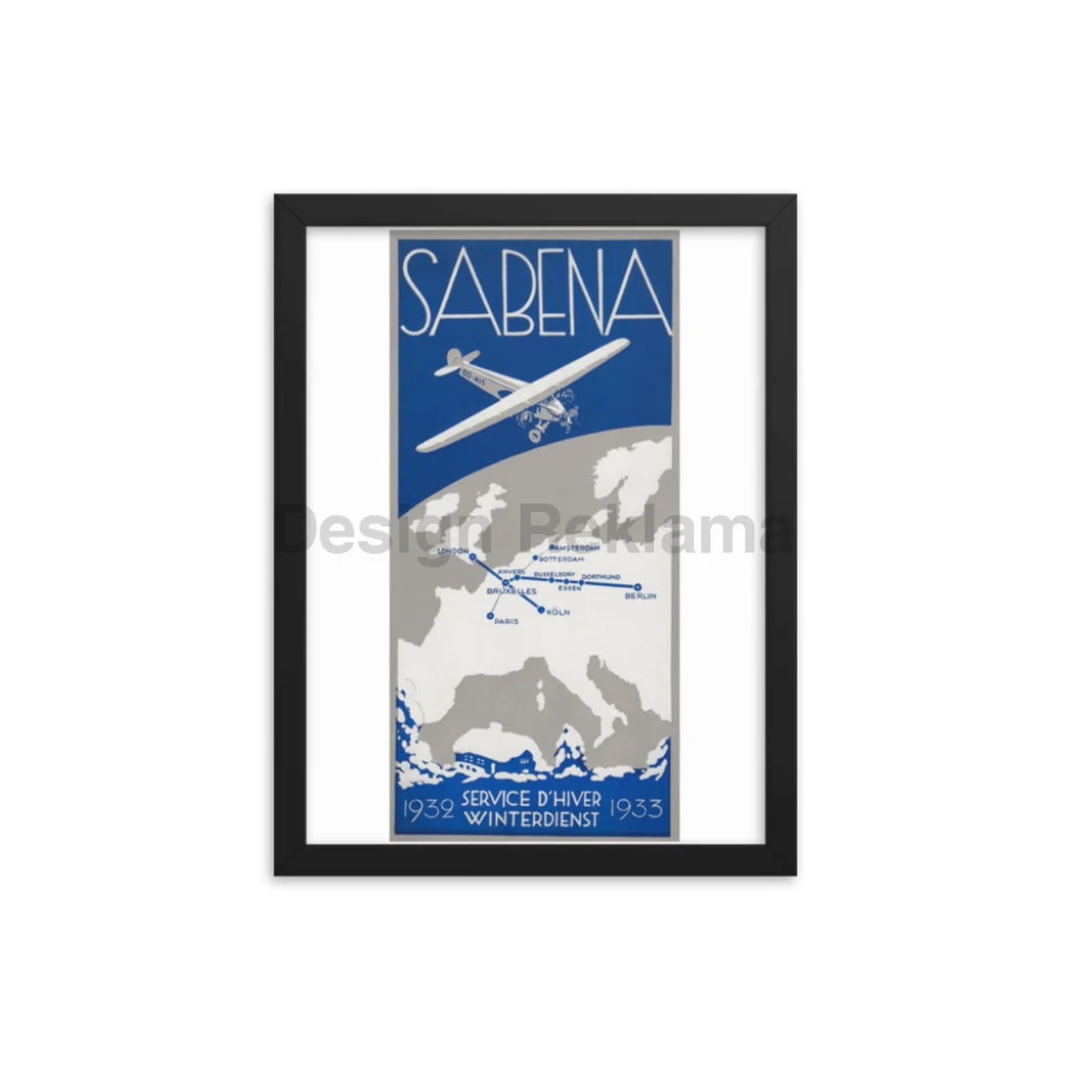 Sabena Airlines Belgium, Winter Service 1932-33, Framed Vintage Travel ...