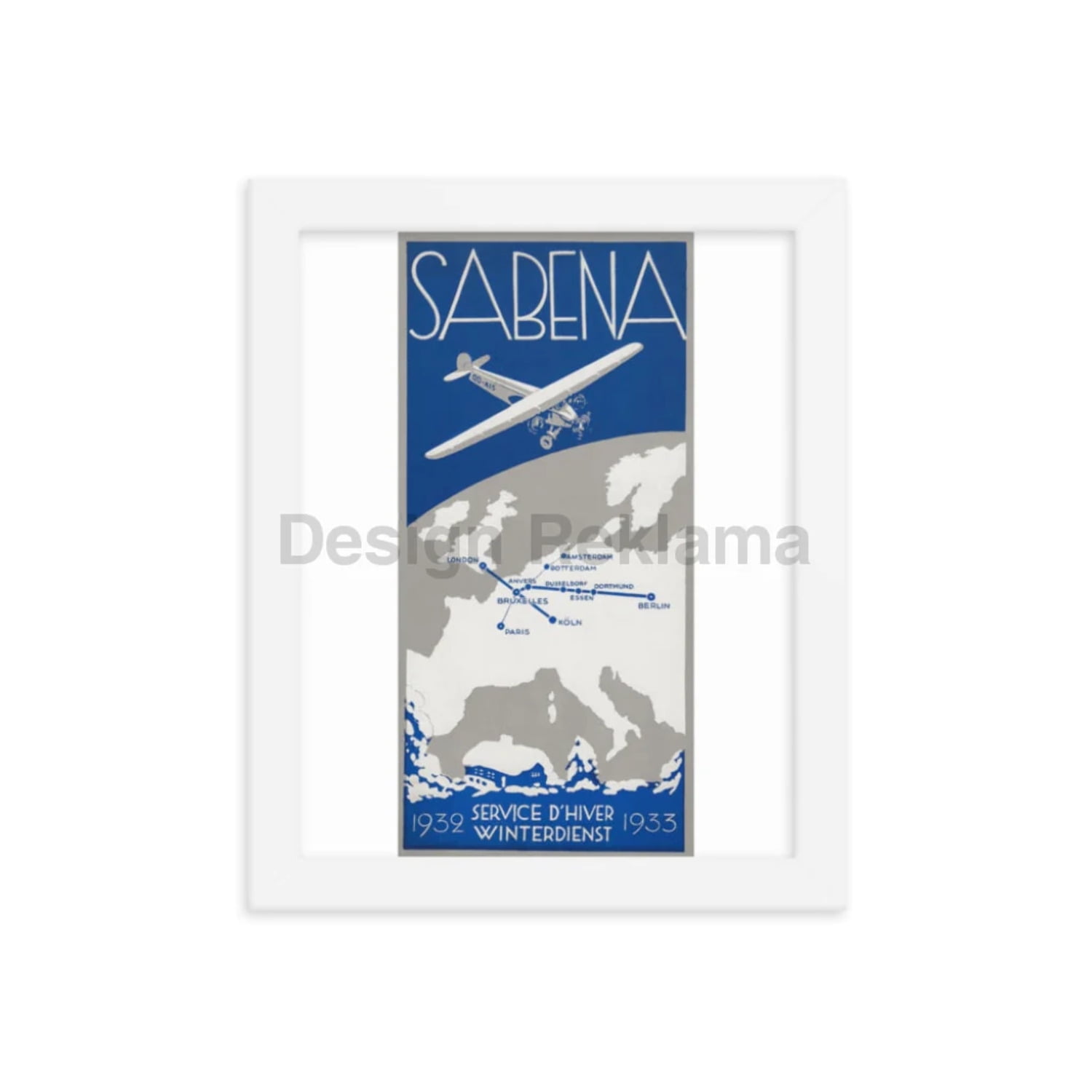 Sabena Airlines Belgium, Winter Service 1932-33, Framed Vintage Travel ...