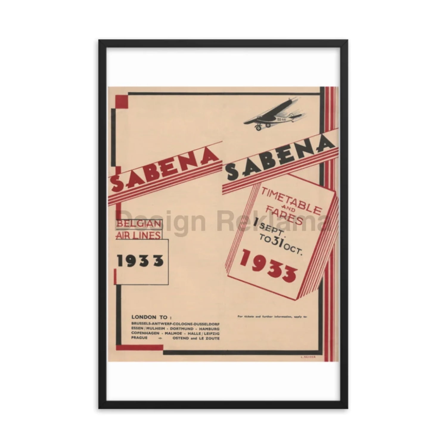 Sabena Belgium Airlines Timetable 1933 Framed Vintage Travel Poster ...