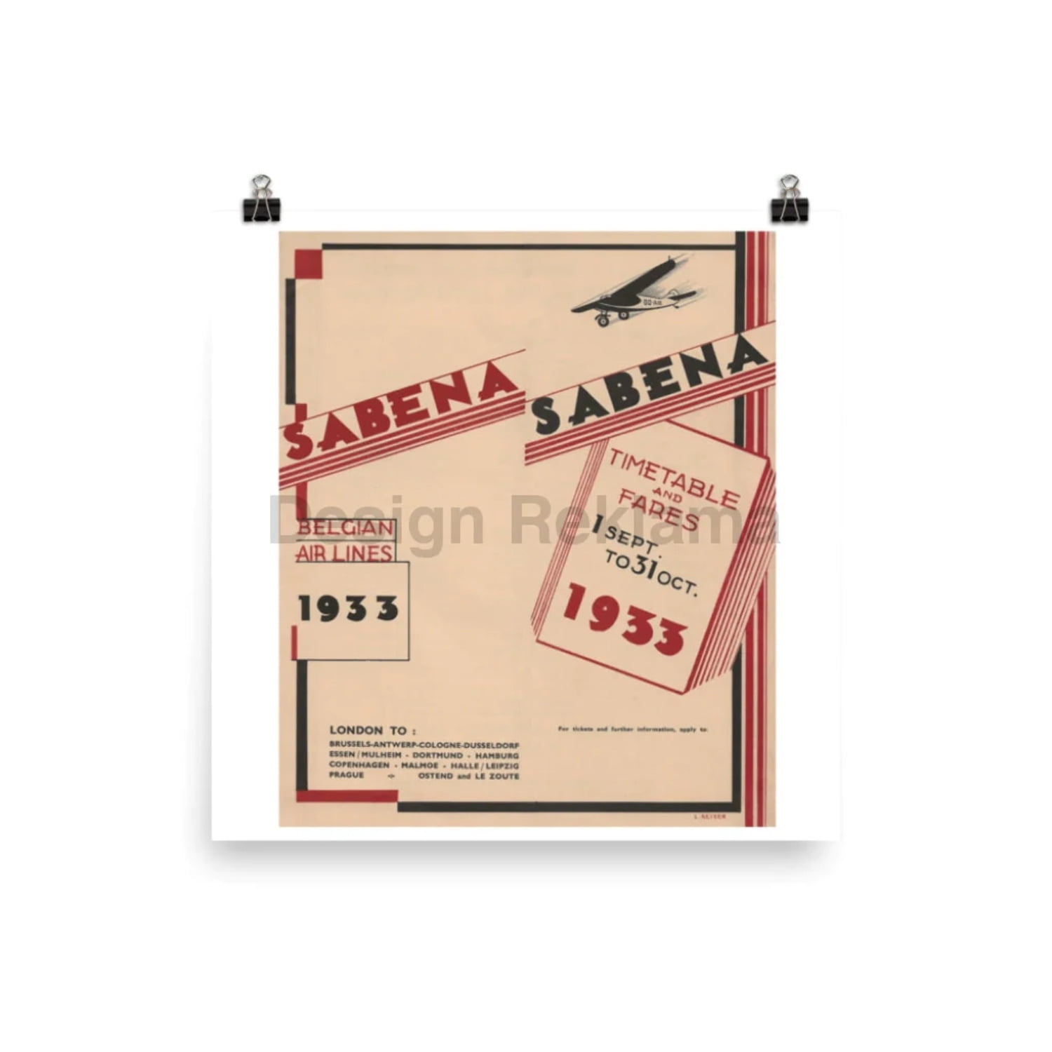 Sabena Belgium Airlines Timetable 1933 Unframed Vintage Travel Poster ...