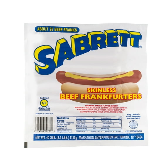 Sabrett Skinless Beef Hot Dogs 40 oz Fully Cooked Grill Ready Hickory ...