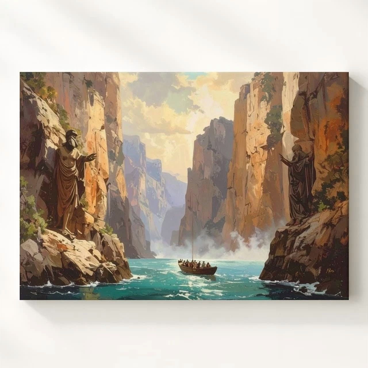 Sacred Canyon Passage Posterancient Statues And Tranquil Waterfall Wall ...