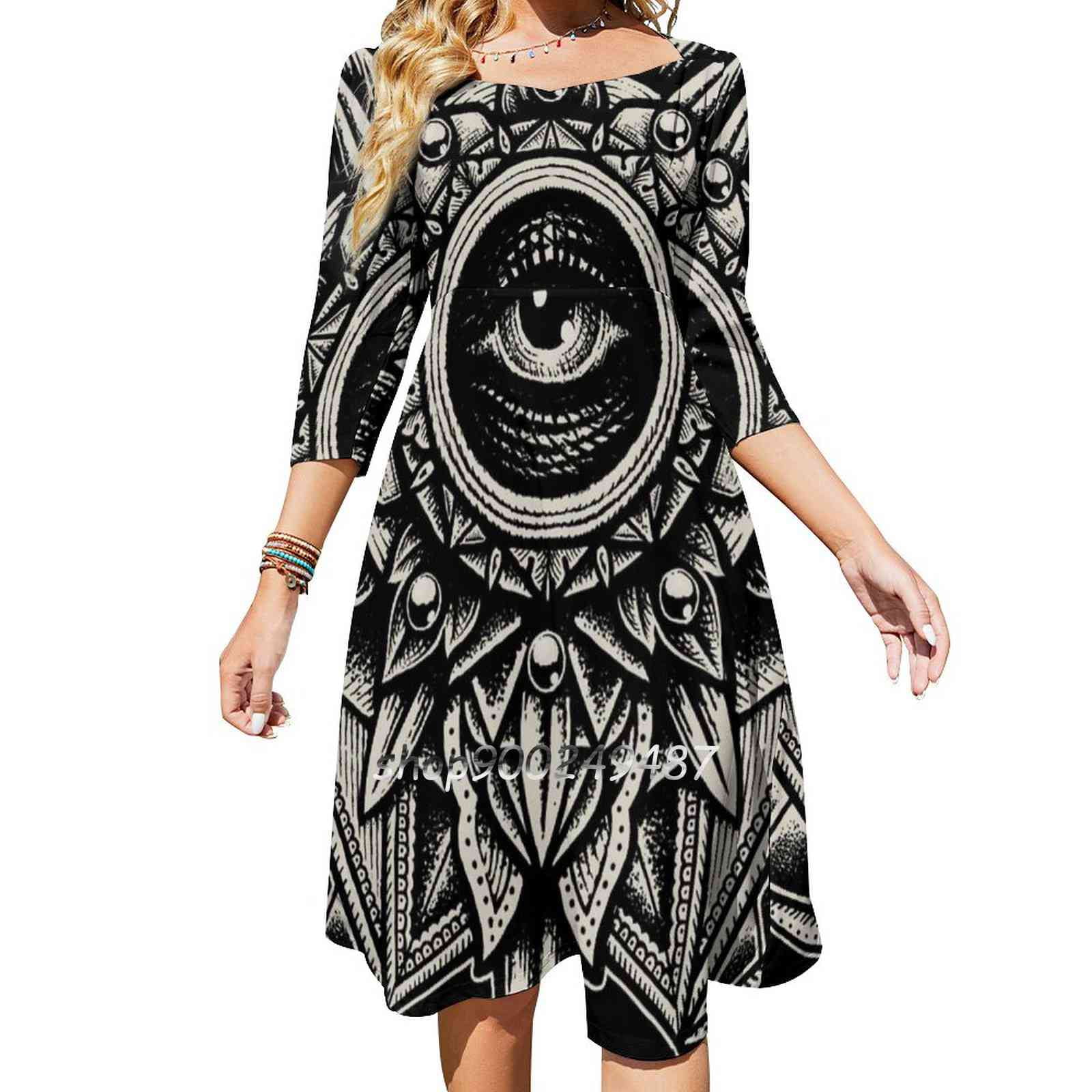 Sacred Geometry Seraphim Star Mandala Black Flare Dress Square Neck ...