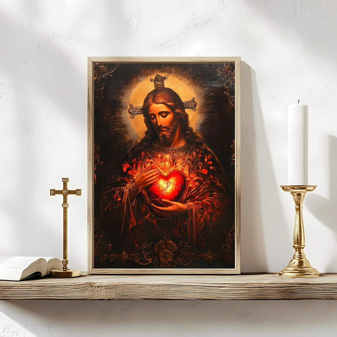 Sacred Heart Of Jesus Painting, Dark Baroque Catholic Wall Art ...