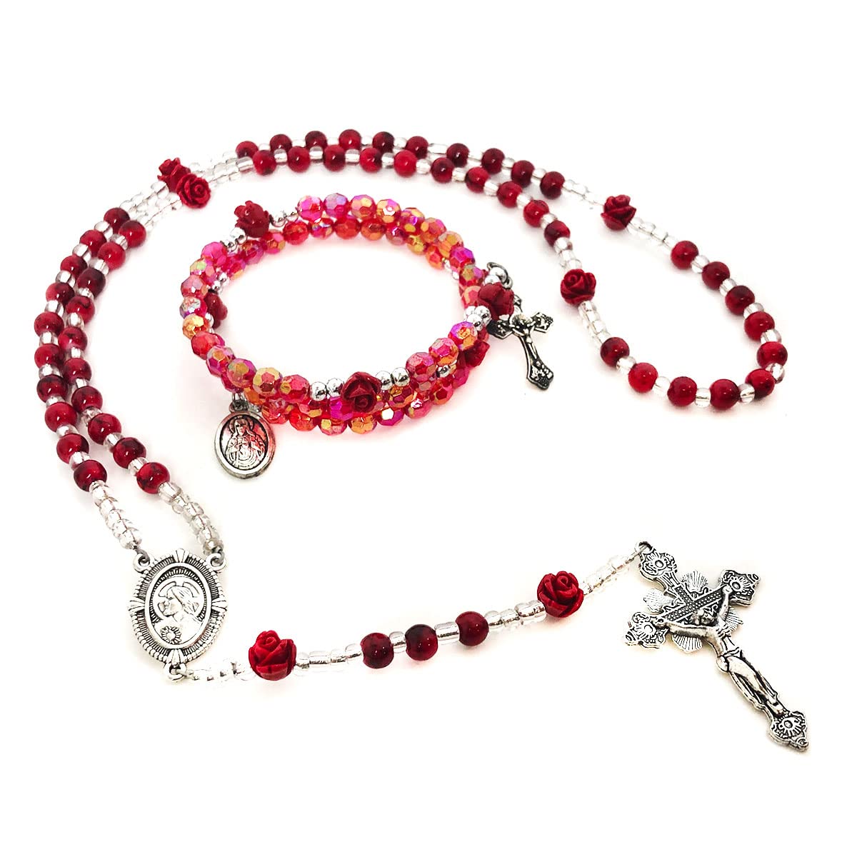 Sacred Heart of Jesus Red Rose Rosary and Rosary Bracelet Set - Rosary ...