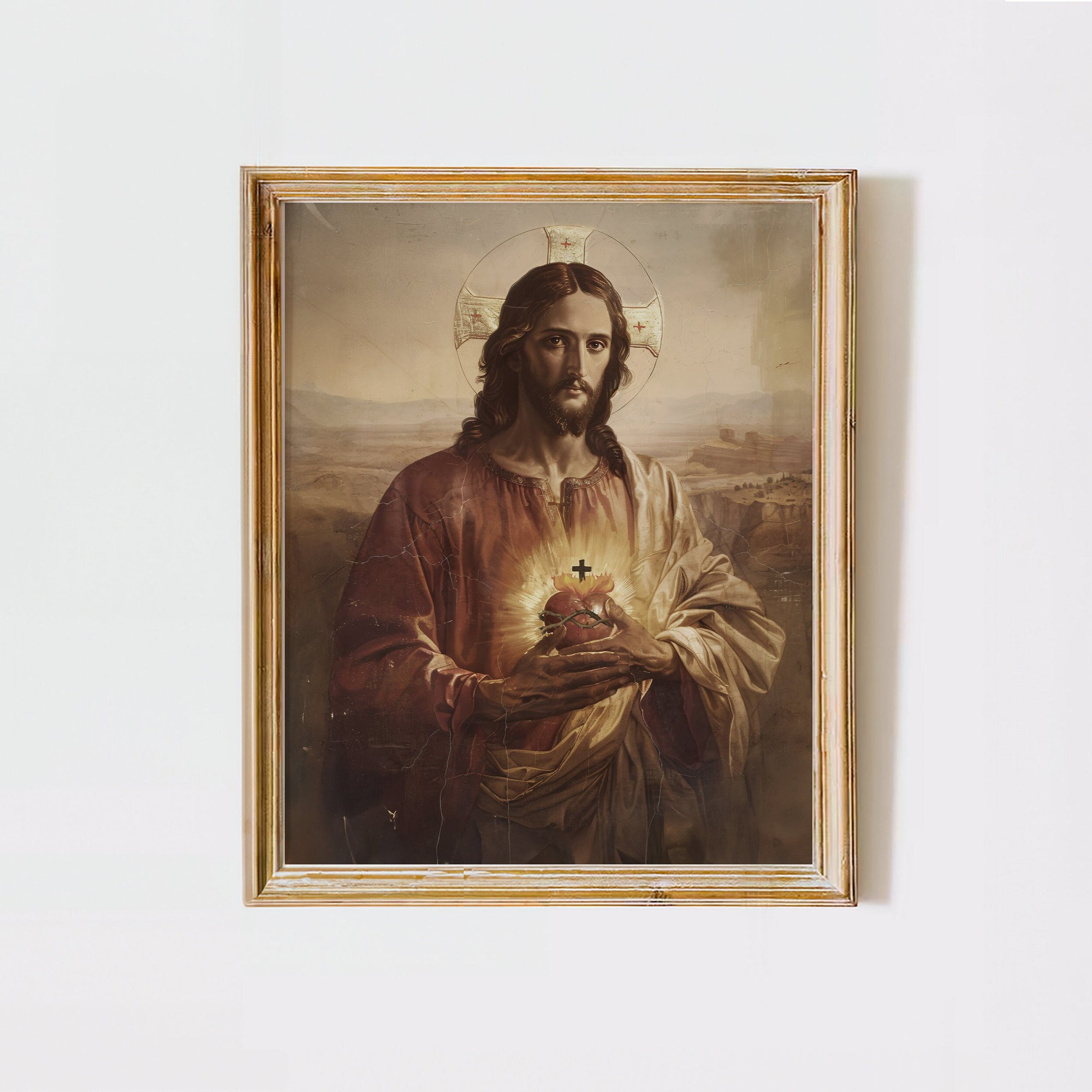 Sacred Heart Of Jesus Traditional Christian Iconography Artwork Rustic ...