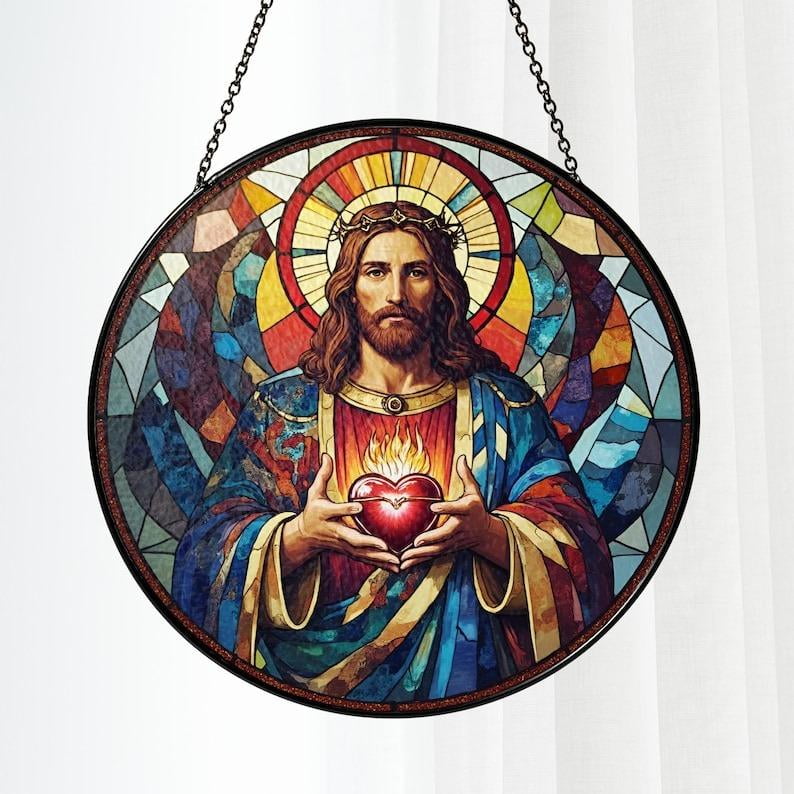 Sacred Heart Of Jesus Stained Glass Suncatcher, Catholic Window Hanging ...