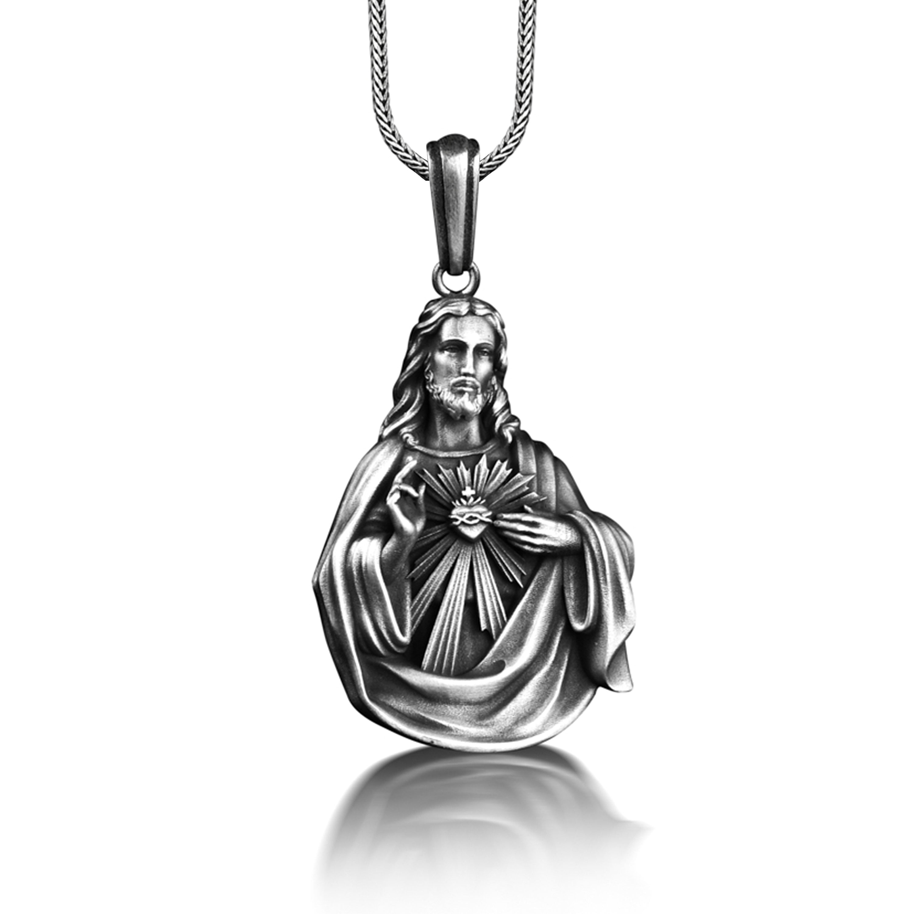 Sacred heart of Jesus mens pendant necklace in silver, Religious ...