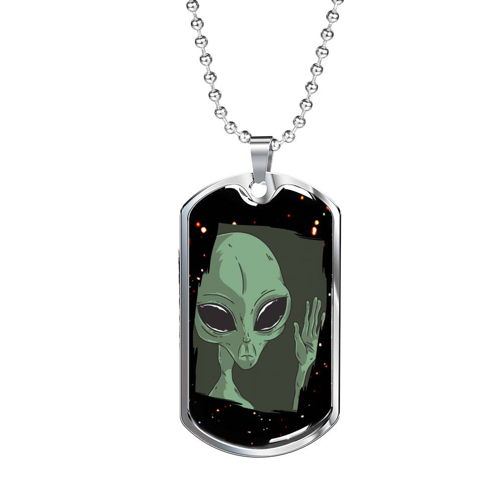 Sad Alien Waving Necklace UFO Alien Fan Stainless Steel or 18k Gold Dog ...
