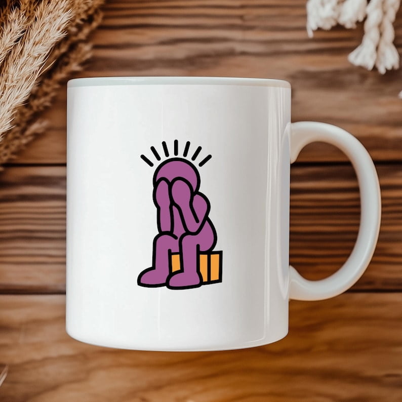 Sad Art Mug – Pop Art Emotional Cup, Purple Character Ceramic Gift for ...