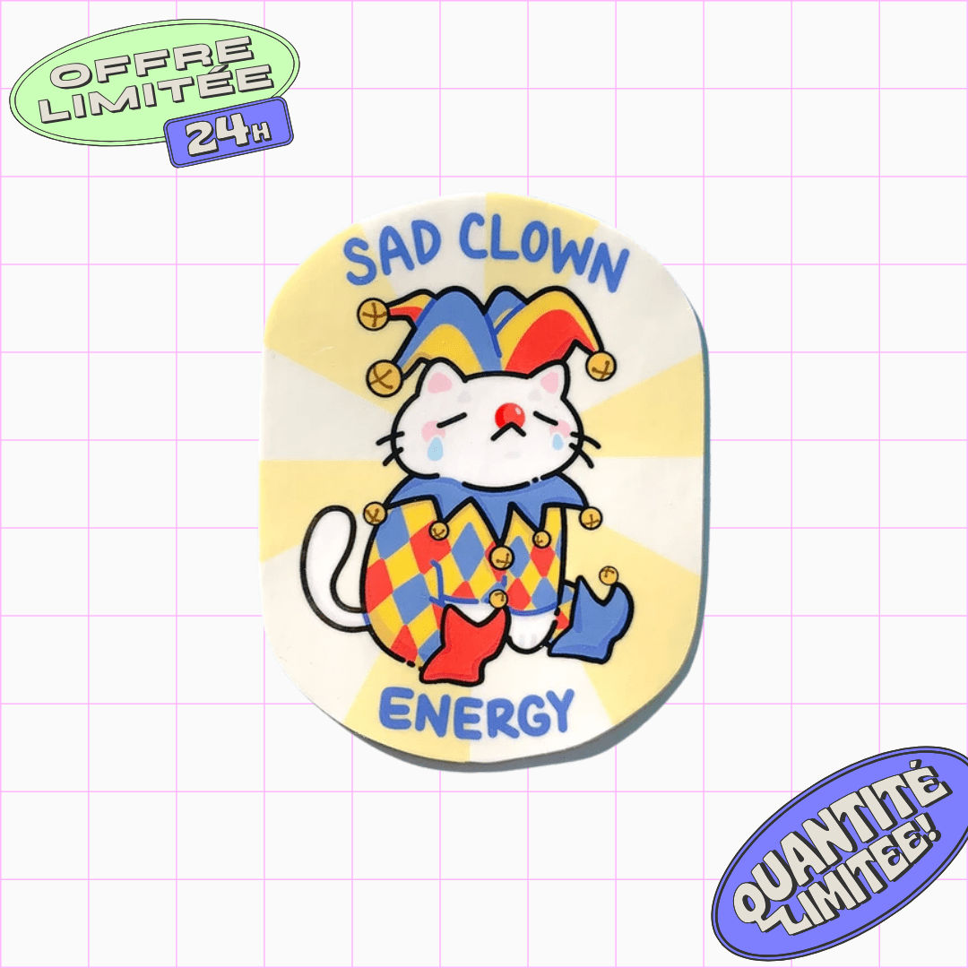 Sad Clown Energy Sticker | Cute Kitten Circus Jester Design | Funny Pet ...