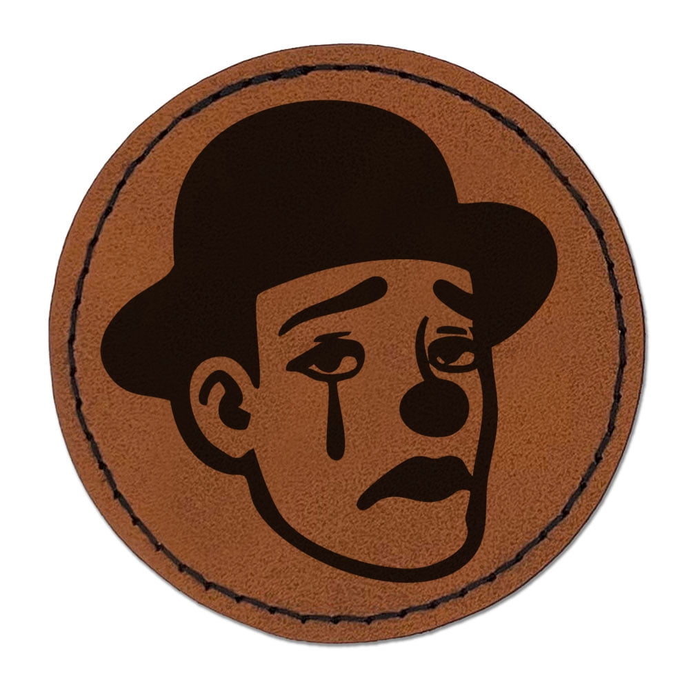 Sad Clown Mime Tear and Bowler Hat Round Iron-On Engraved Faux Leather ...