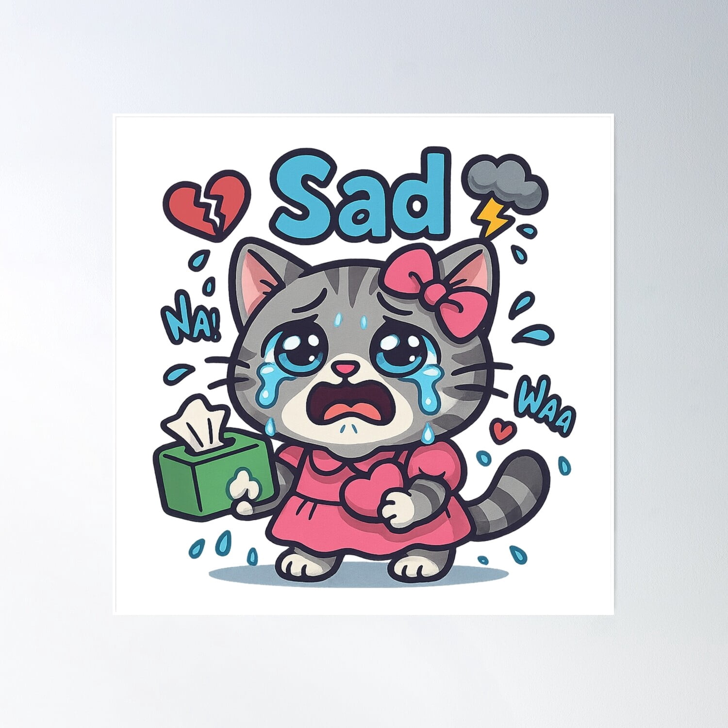 Sad Crying Cat – Cute Emotional Cartoon Sticker Poster Wall Art, Modern ...