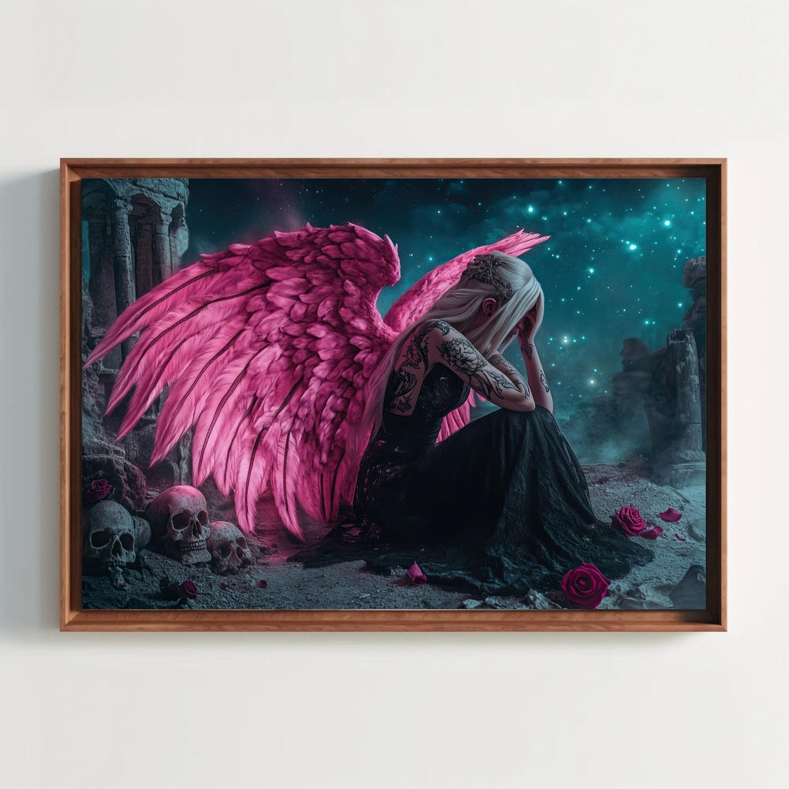 Sad Gothic Angel Canvas Print, Extra Large Pink Wing Tattoo Girl Wall ...