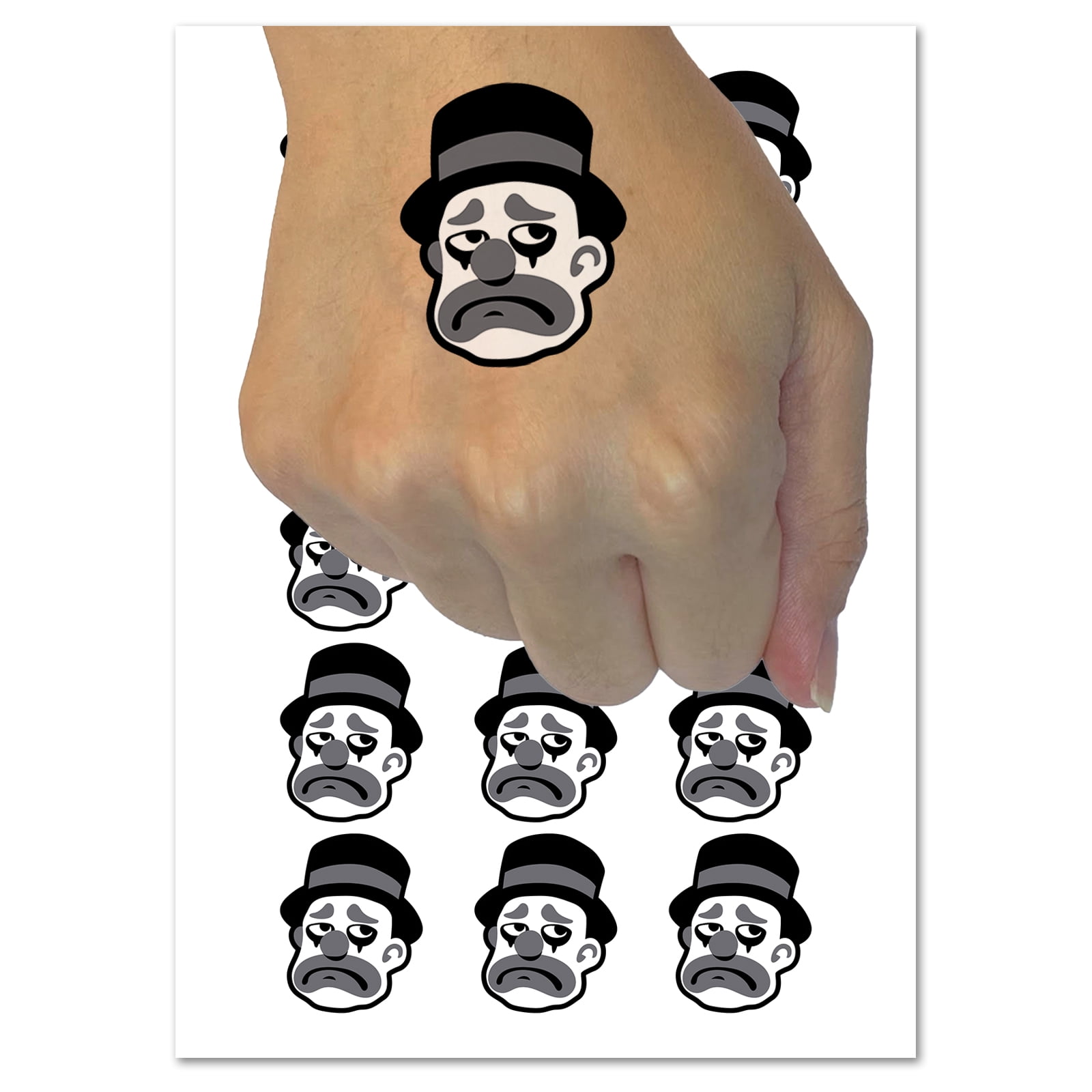 Sad Grayscale Monotone Clown Top Hat Water Resistant Temporary Tattoo ...