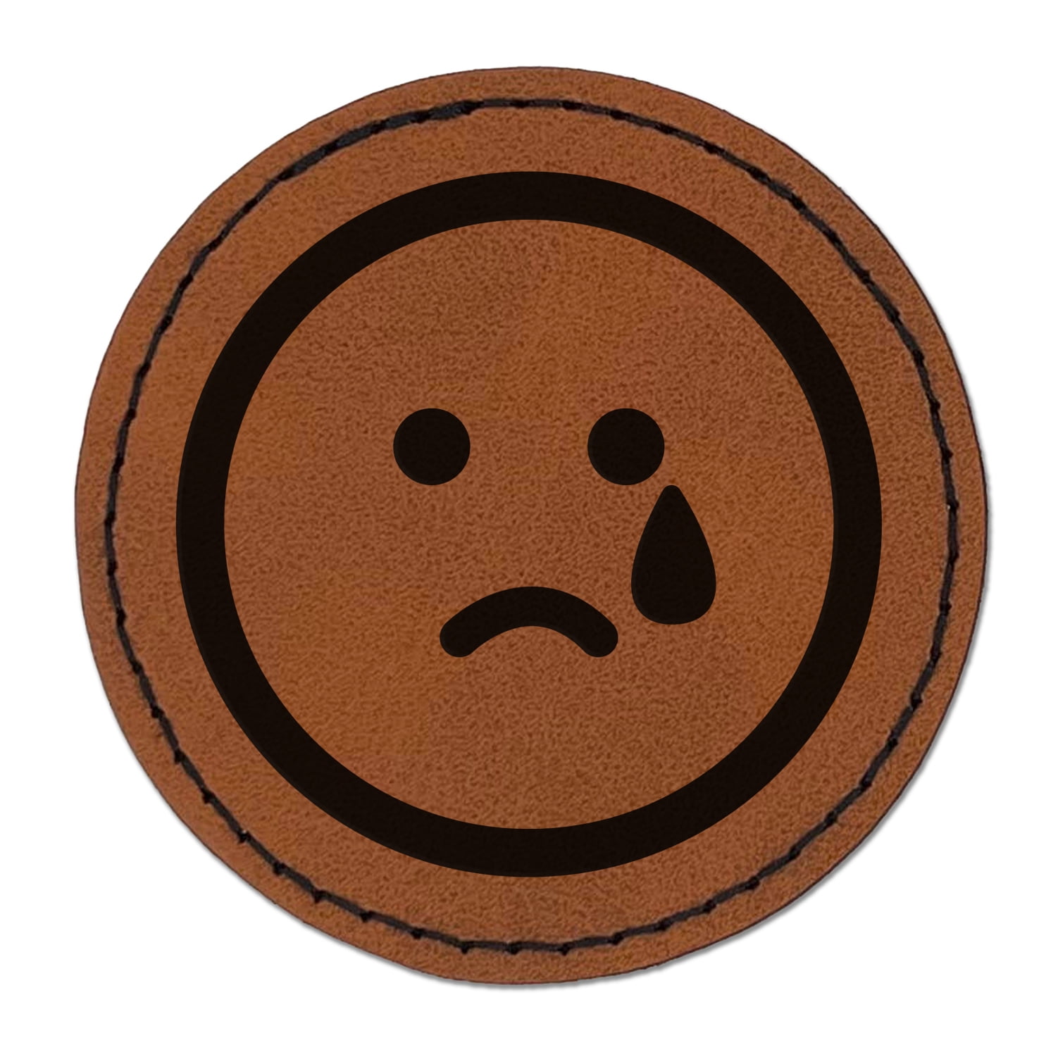 Sad Tear Crying Frown Face Emoticon 2.5" Faux Leather Round Engraved ...