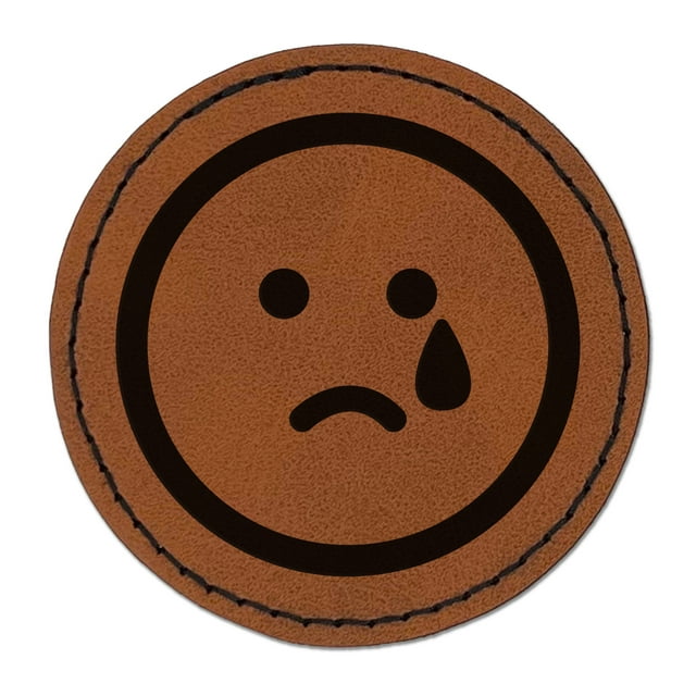 Sad Tear Crying Frown Face Emoticon 2.5" Faux Leather Round Engraved ...