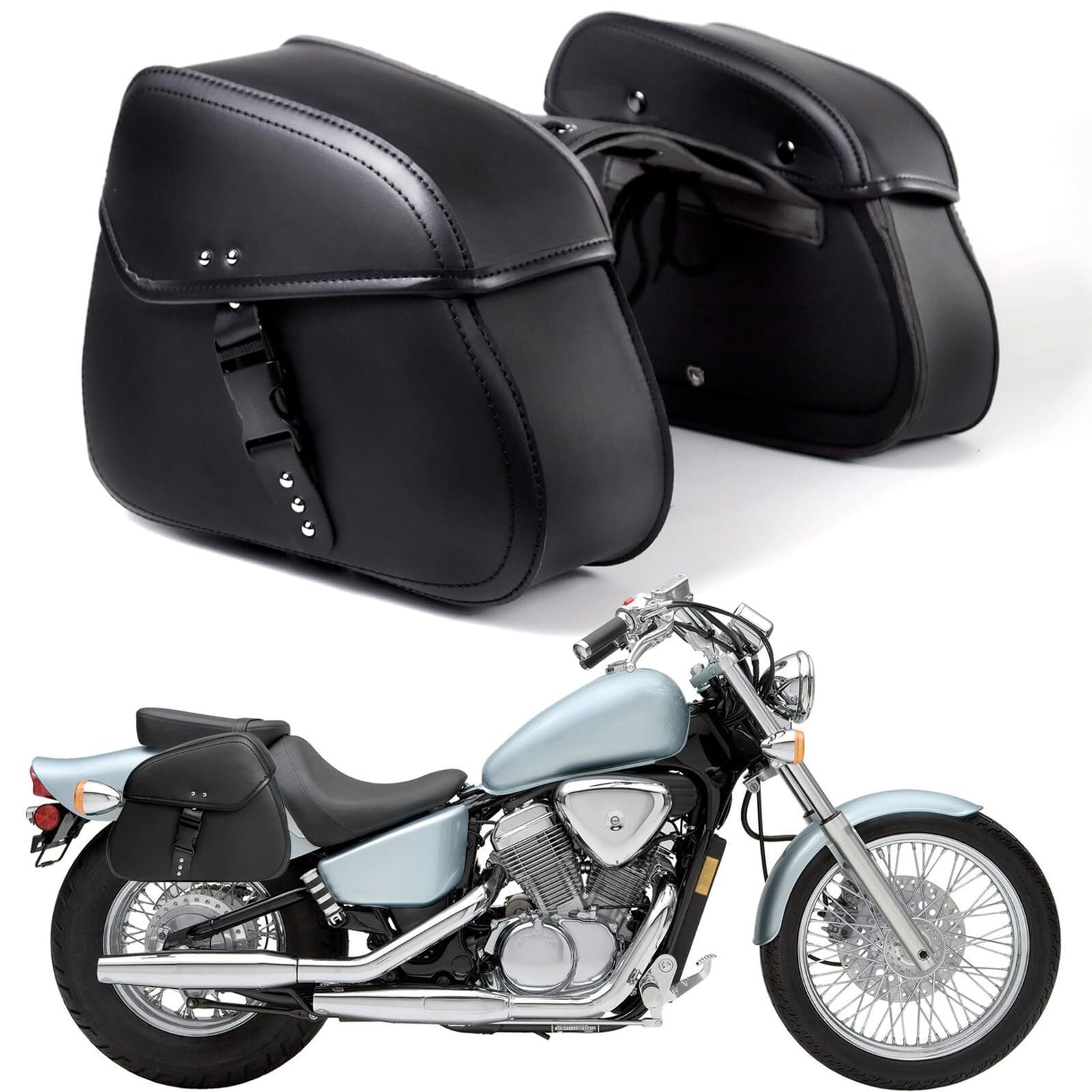 Saddle Bags with Buckles, 16L Waterproof Motorcycle Saddlebags, PU Leather for Sportster Softail ...