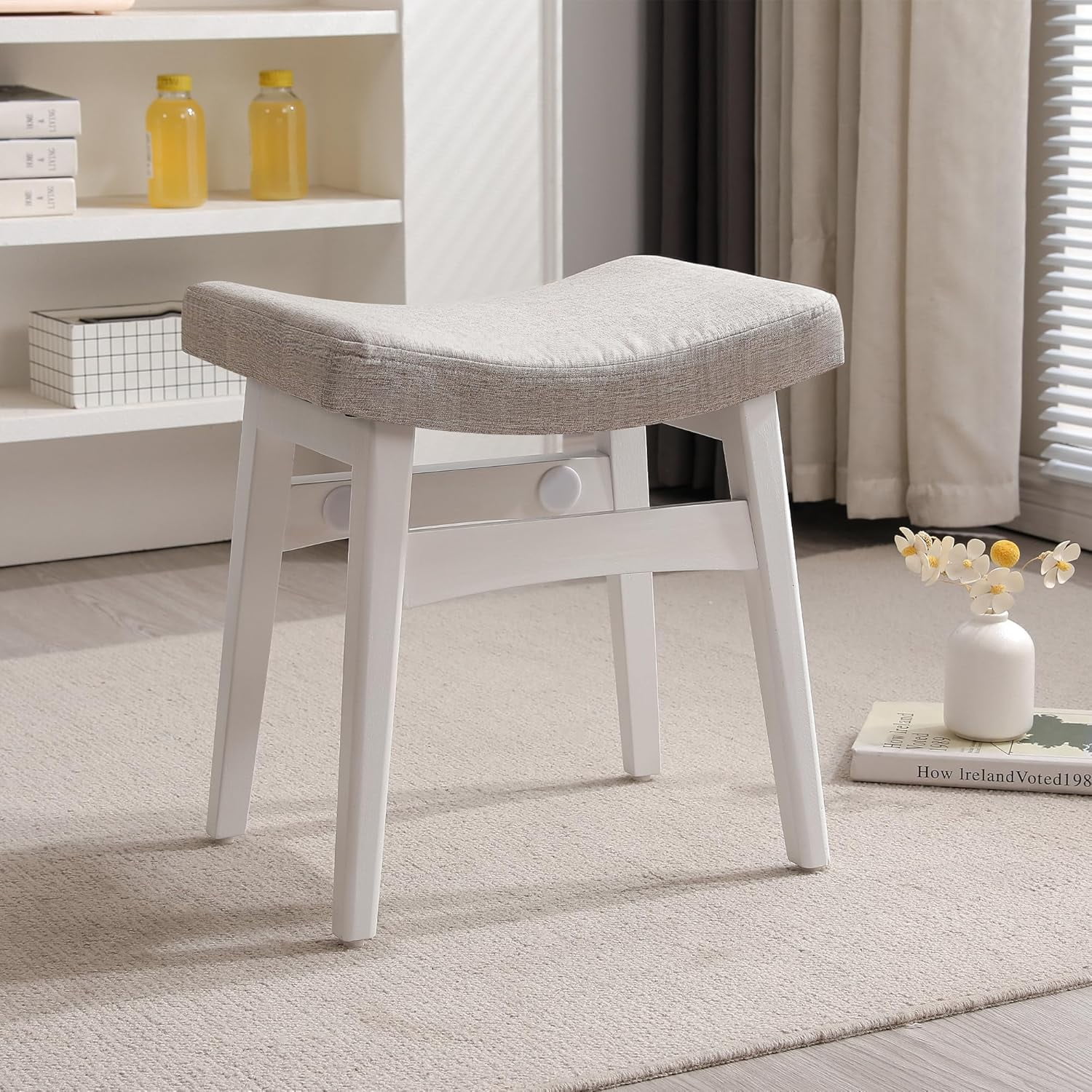 Saddle Cushion Foot Stool, Modern Vanity Bench Ottoman with Solid Wood ...