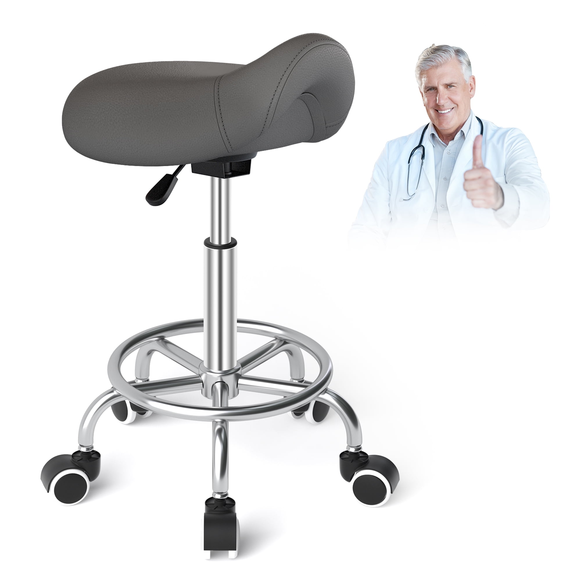 Yeezee Saddle Stool-Ergonomic Saddle Chair with Foot Ring, 360° Swivel & PU Wheels (Grey ...